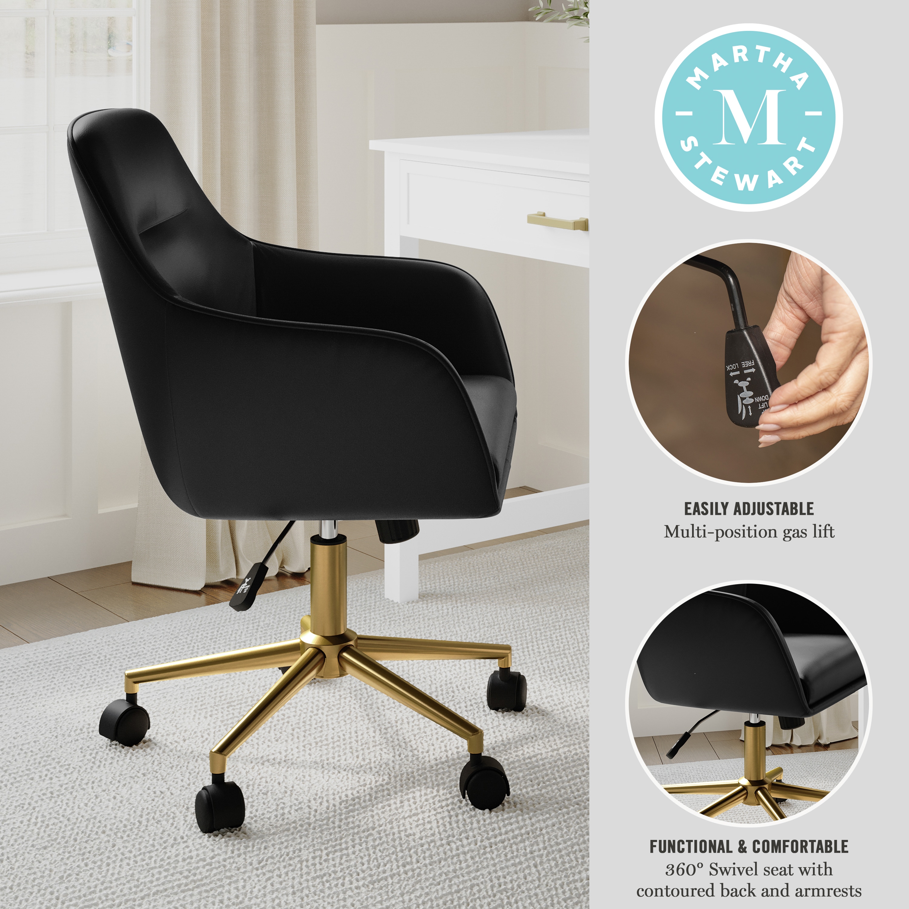 Martha Stewart Rayna Upholstered Office Chair in Black/Polished Brass ...