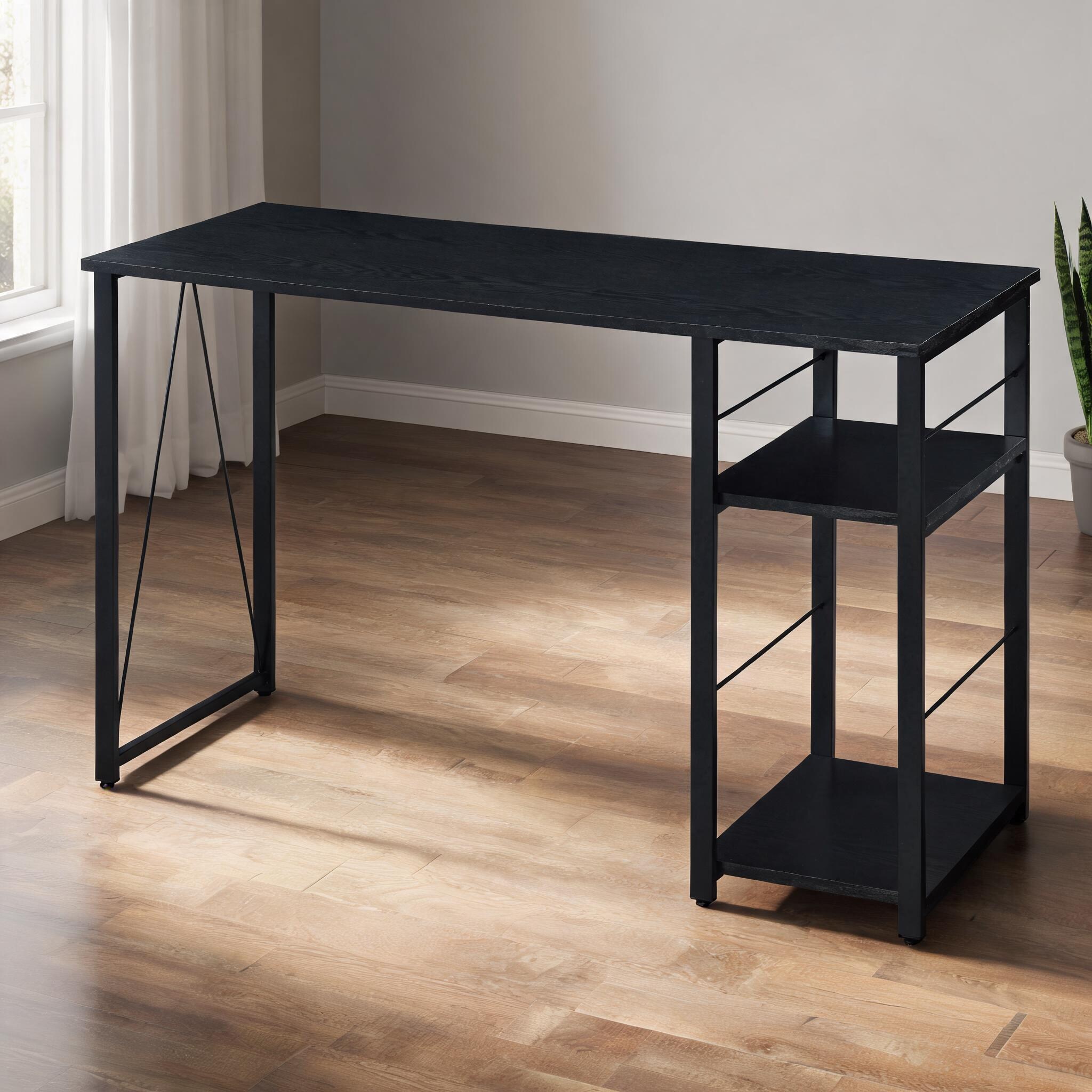 Watnature Home Workspace Writing Desk 2-Shelf Storage Jet Black Wood ...
