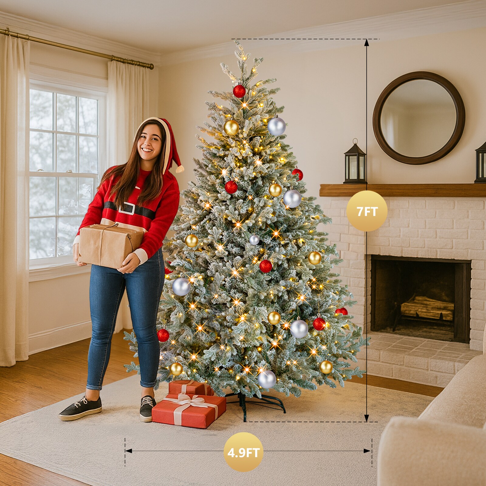 VINGLI 7ft Pre-lit Flocked Artificial Christmas Tree with 1100 Branches ...