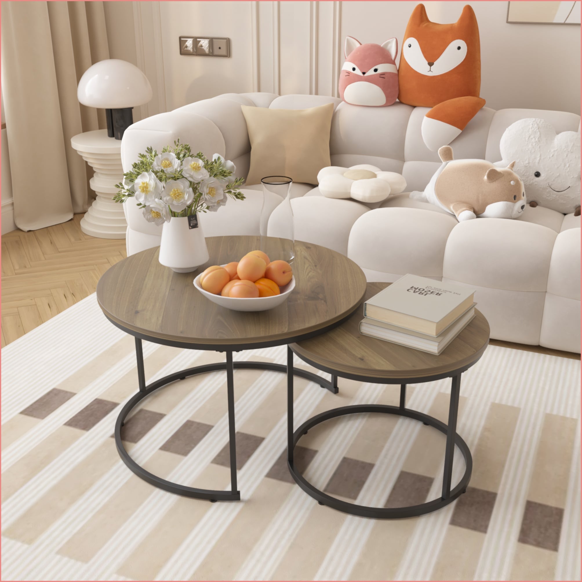 Watnature Space Saving Industrial Wood Look Round Coffee Table Set of 2 ...