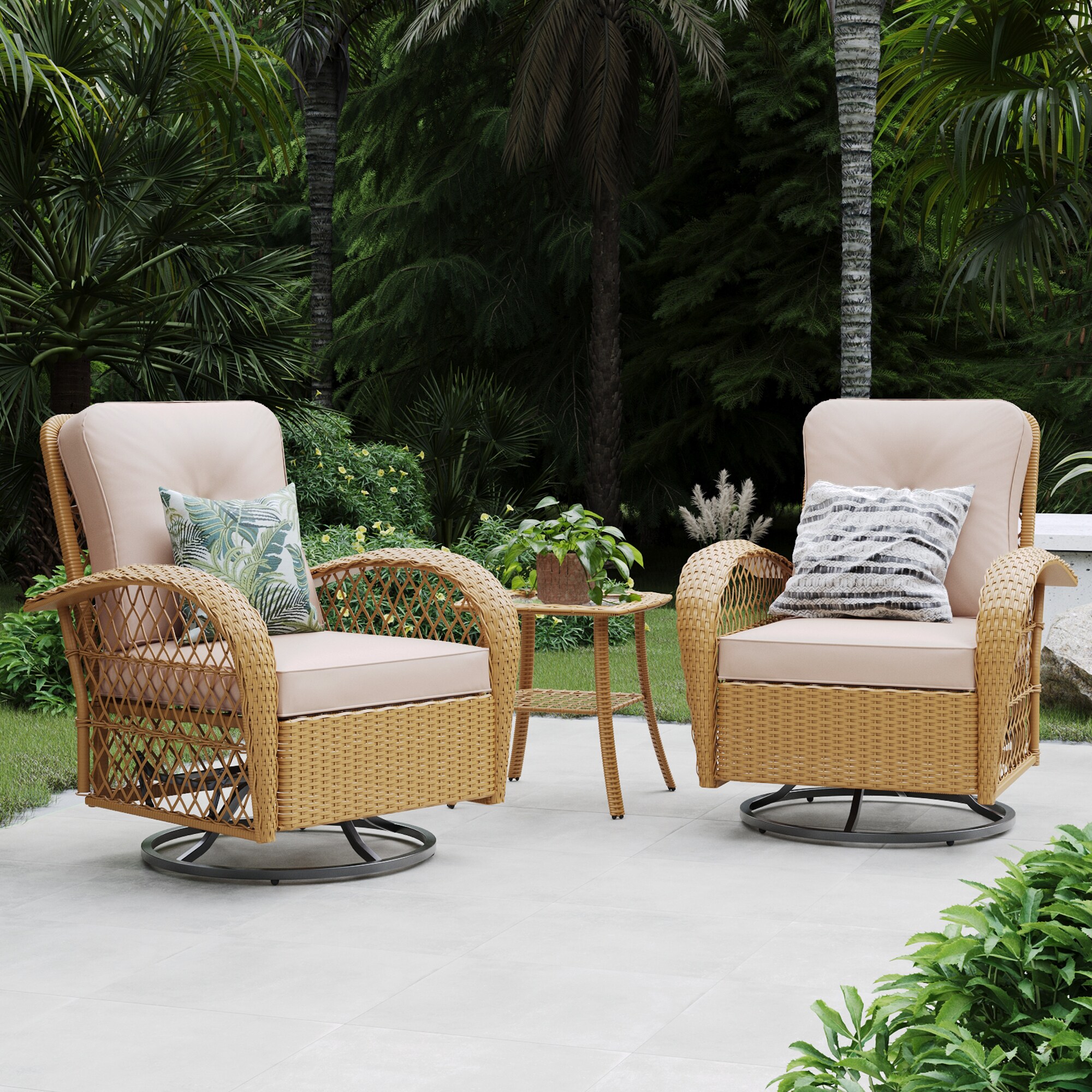 Patio Watcher Rocking Chair Set of 2 Rattan Beige Metal Frame Swivel ...