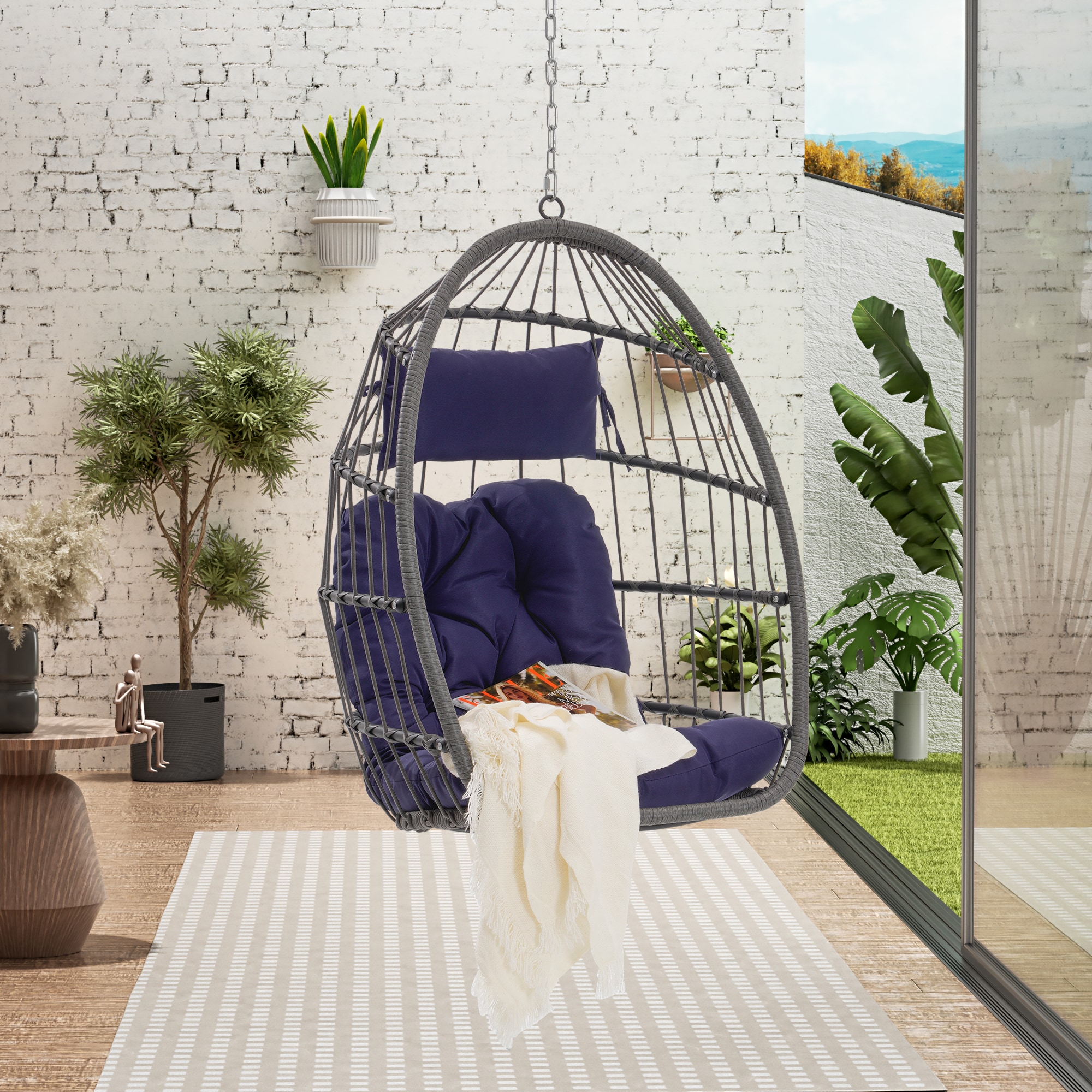 AHIOU HOME Sunset Rattan Gray Iron Frame Hanging Egg Chair with Blue ...