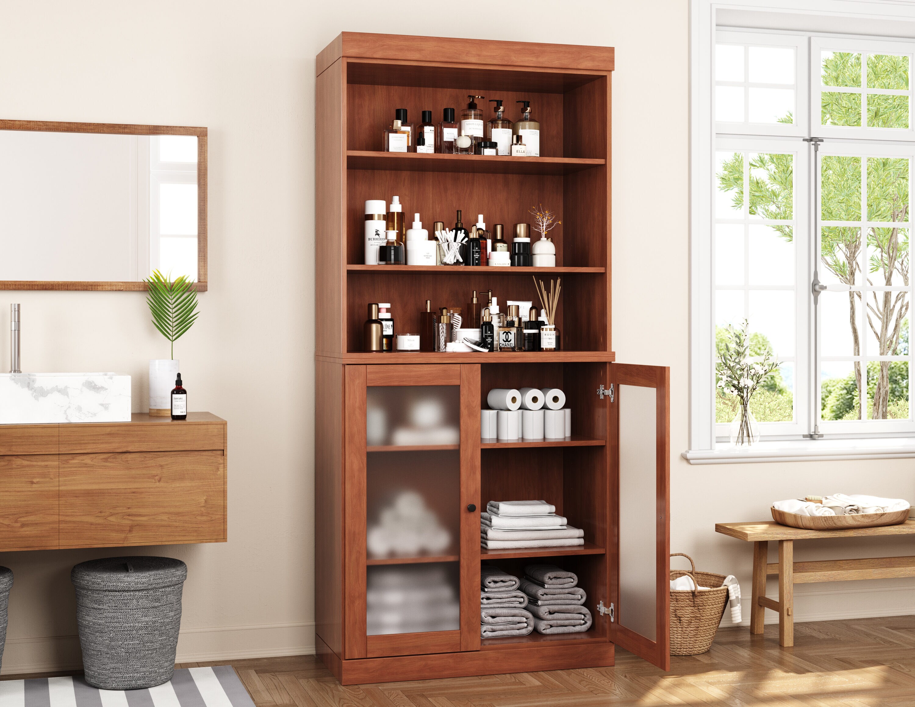 Palace Imports Solid Wood Tall Modular Frosted Glass Bathroom Linen ...