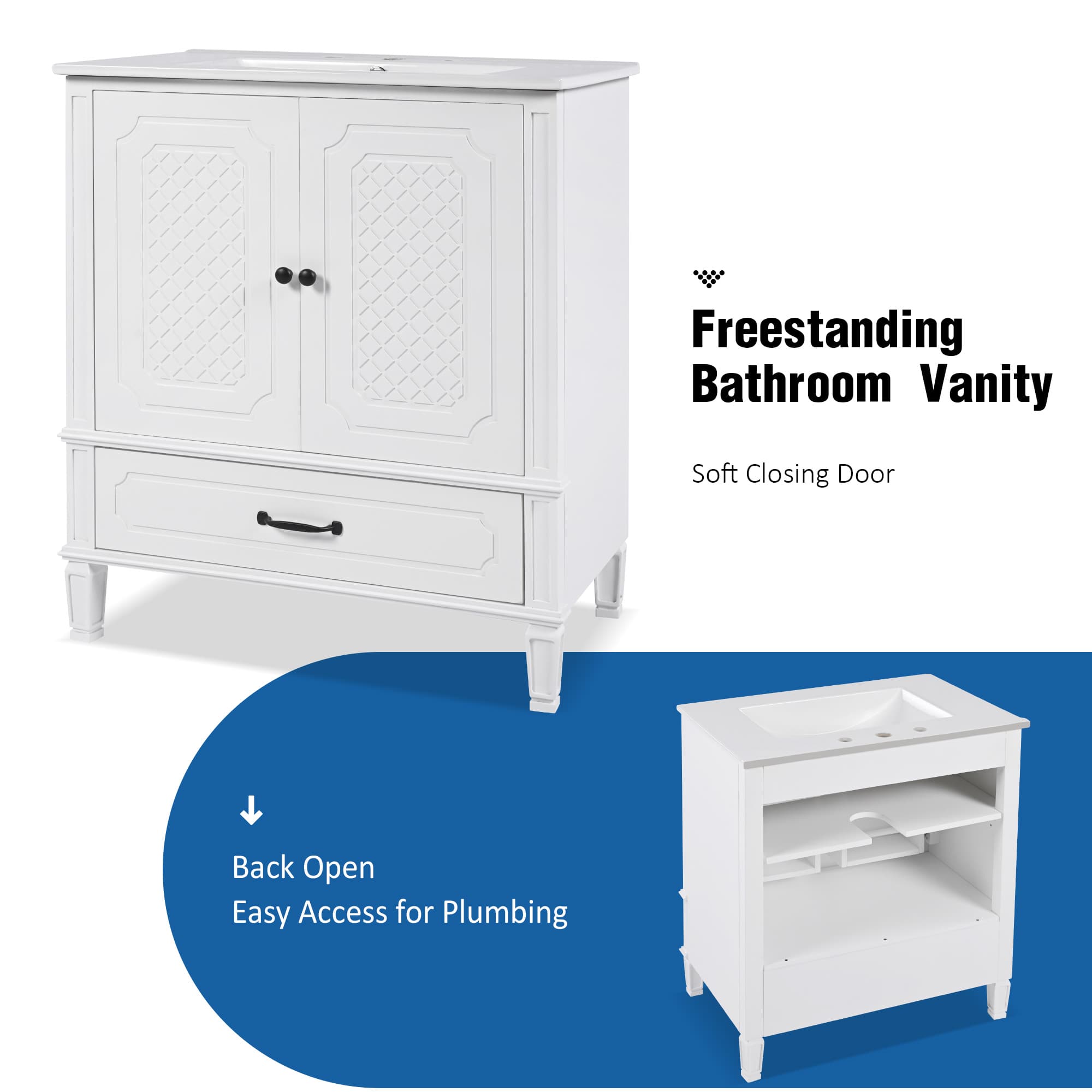 Misty Moon 30 Inch White Bathroom Vanity with Sink Vintage Style Multi-functional Storage Space ...