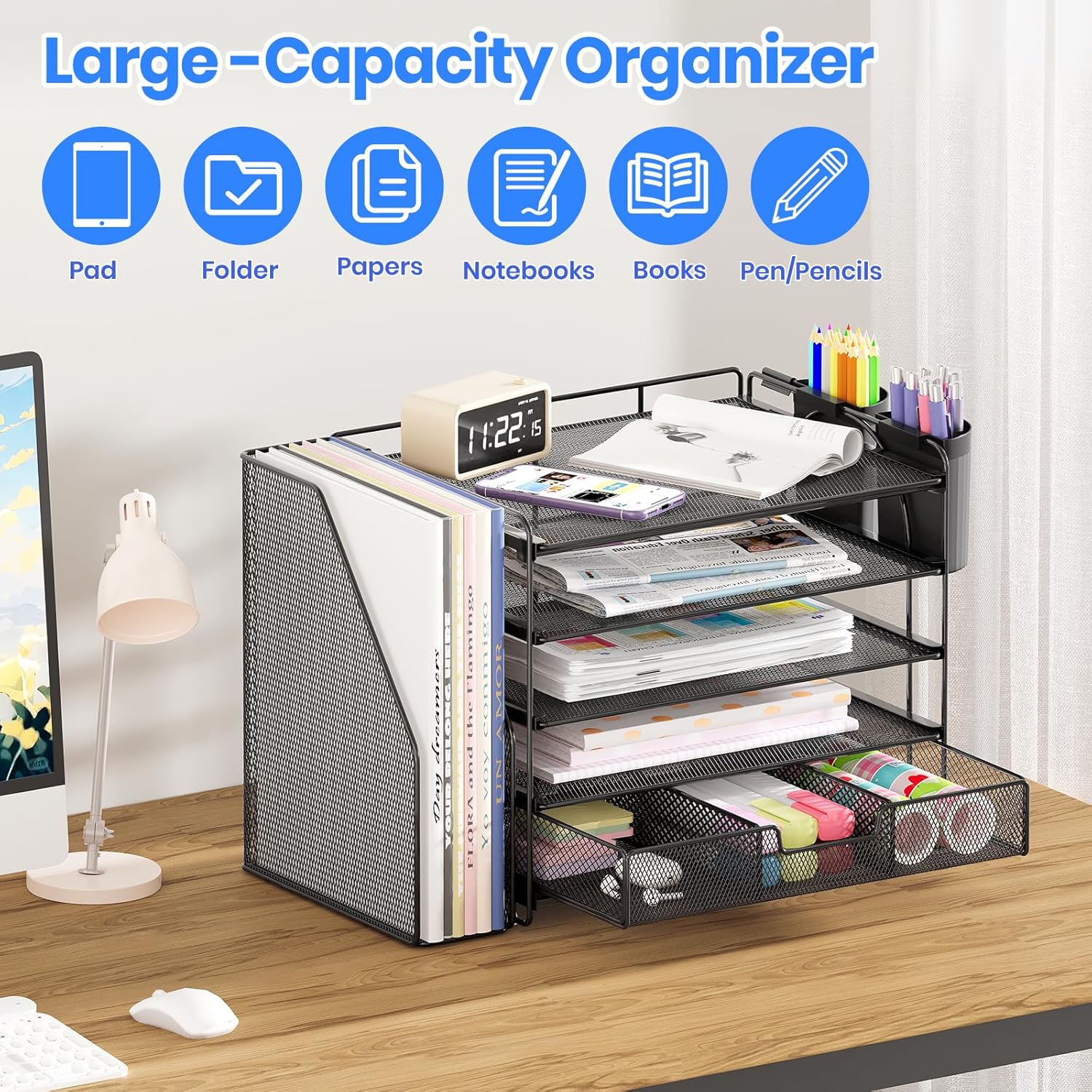Etokfoks 5 Tier Desk Organizer with File Holder Drawer and 2 Pen ...