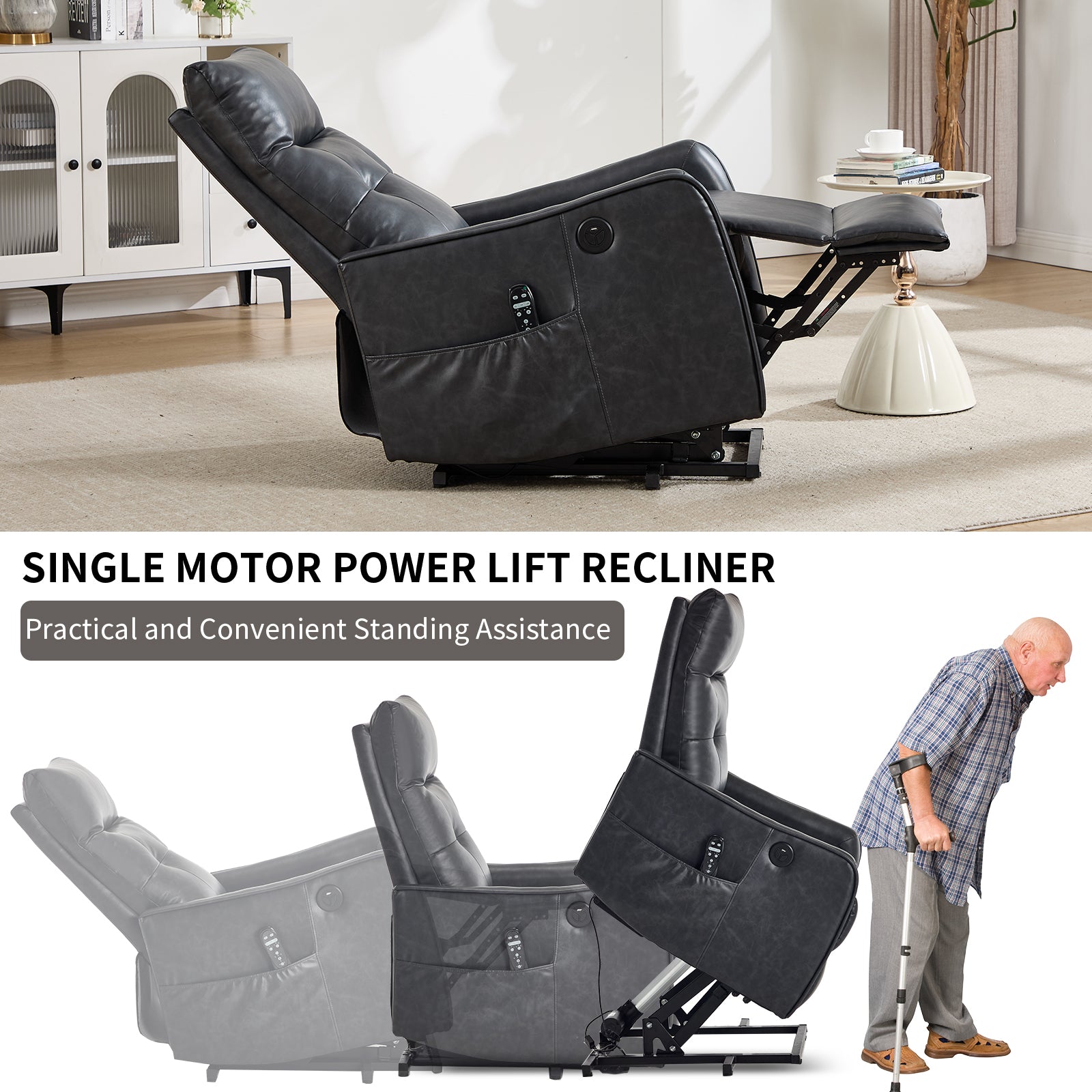 Boyel Living Deep Grey PU Single Motor Power Lift Recliner Chair with ...