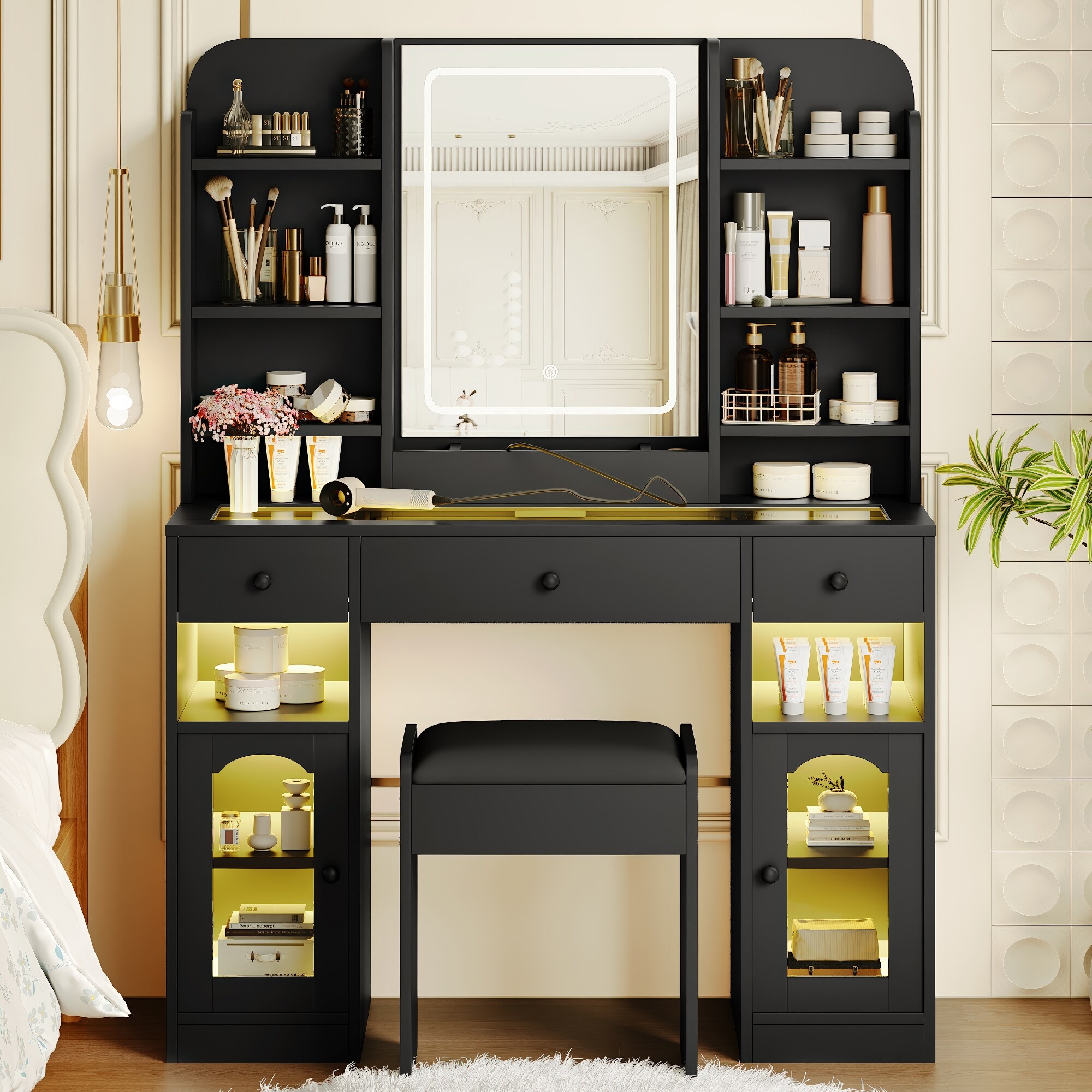 WOQWOQ Black Glass Vanity Desk with RGB Cabinets and Illuminated Mirror ...