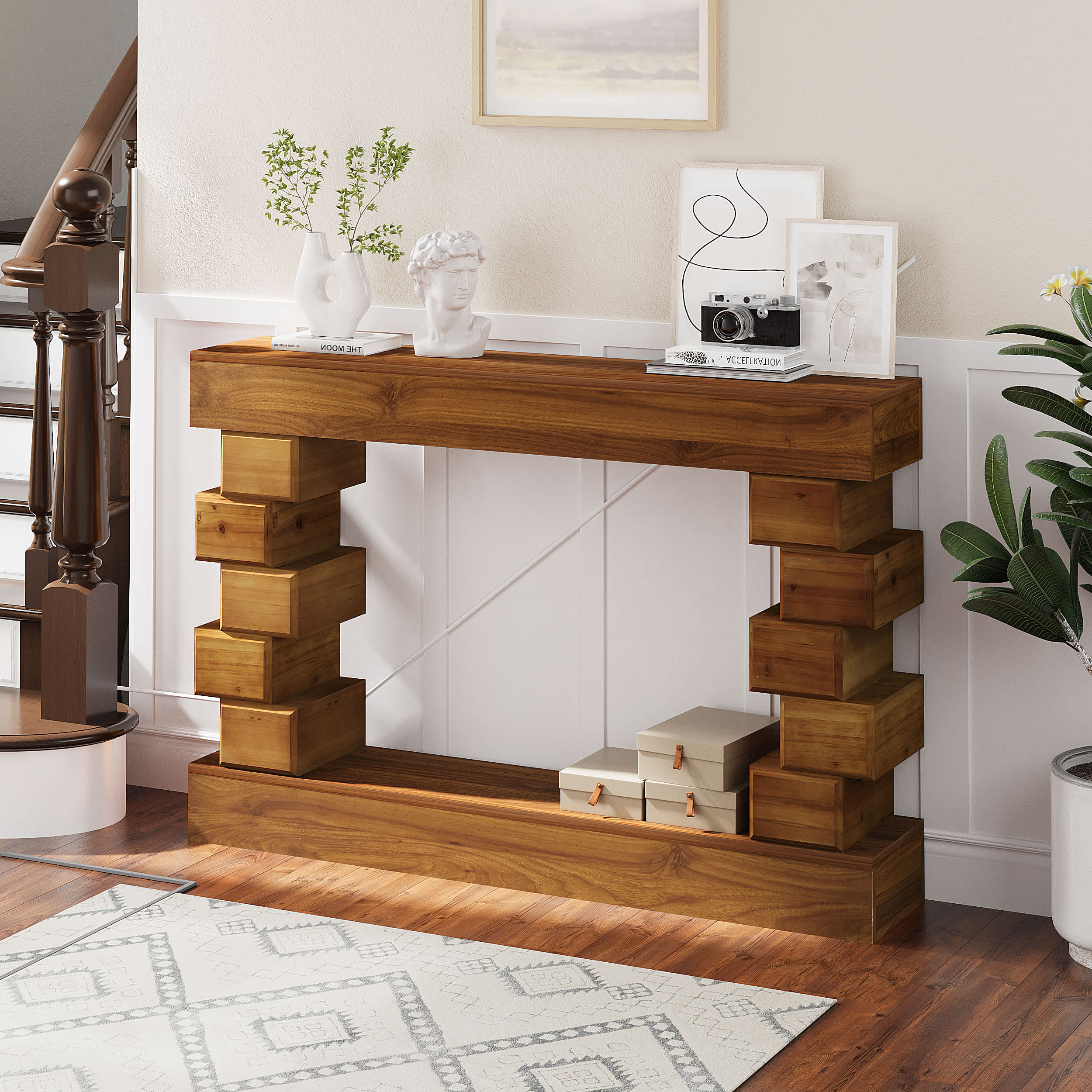 Vynxaria Geometric Block Stacked Wood Console Table Warm Natural Finish ...