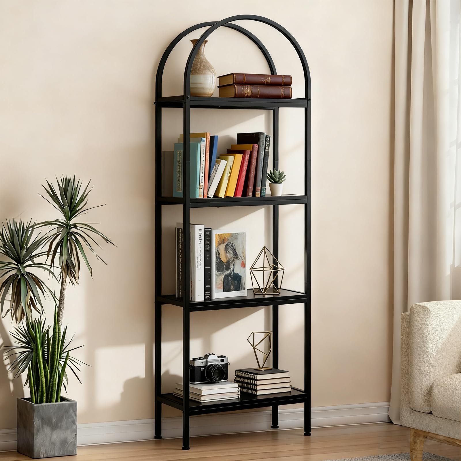 Garvee Arched Four Tier Bookshelf Metal Frame Design Tall Standing Open ...