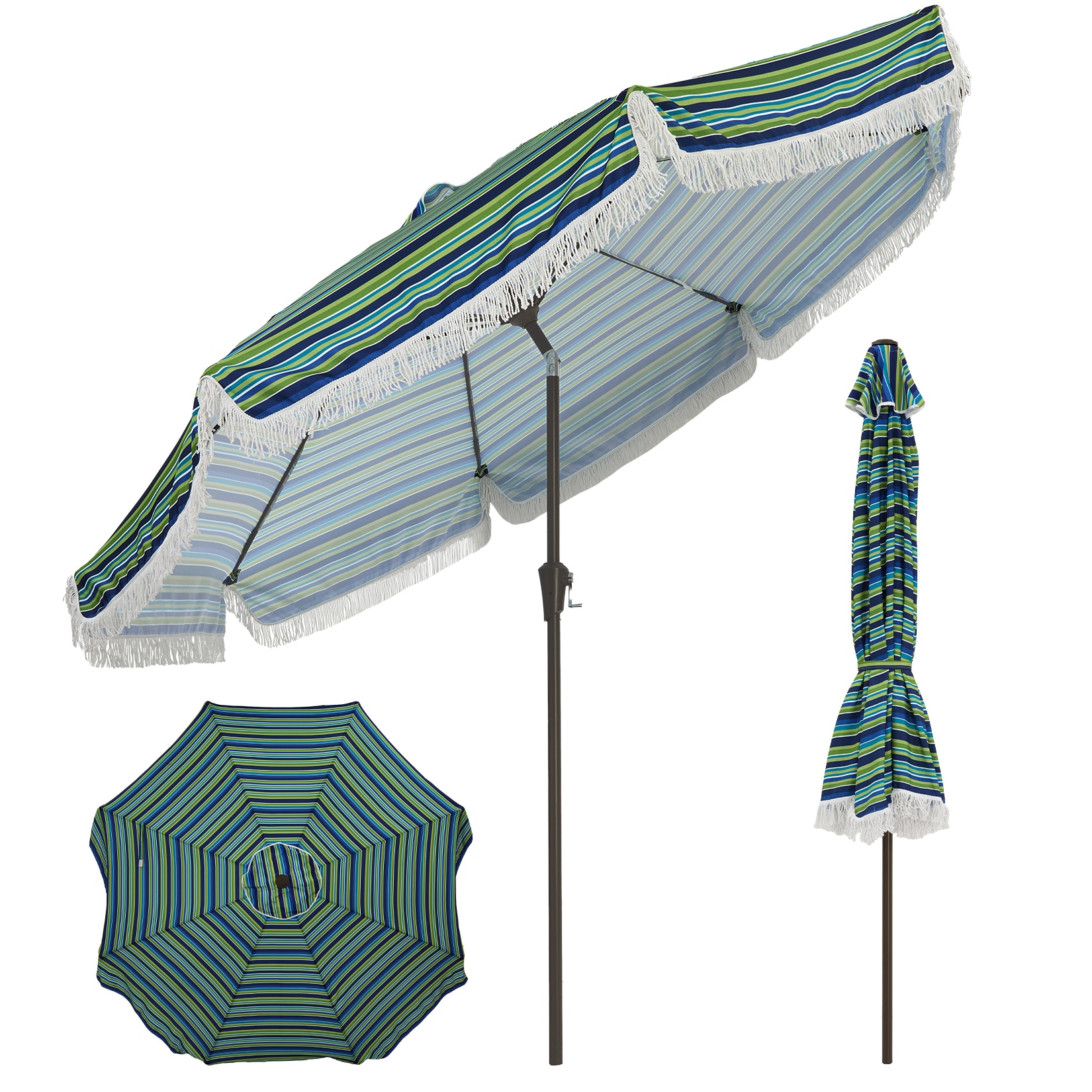 IdealHouse Blue Green Stripes Boho Fringe Patio Umbrella UV 50 Plus Sun ...