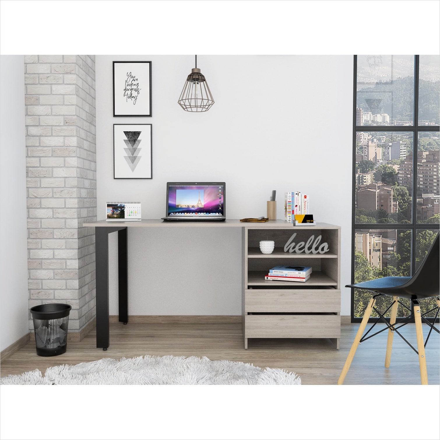Watnature Computer Desk with Two Drawers and Two Shelves in Cool Gray ...