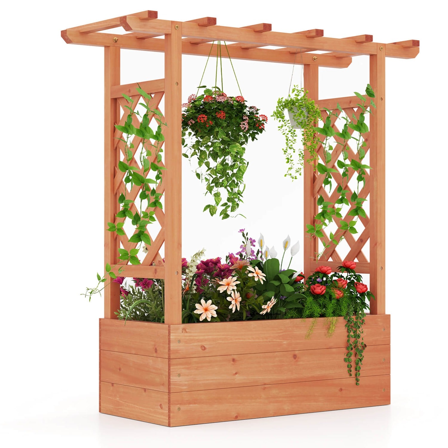 Costway 1 PCS Wooden Raised Garden Bed with Trellis and Hanging Roof ...