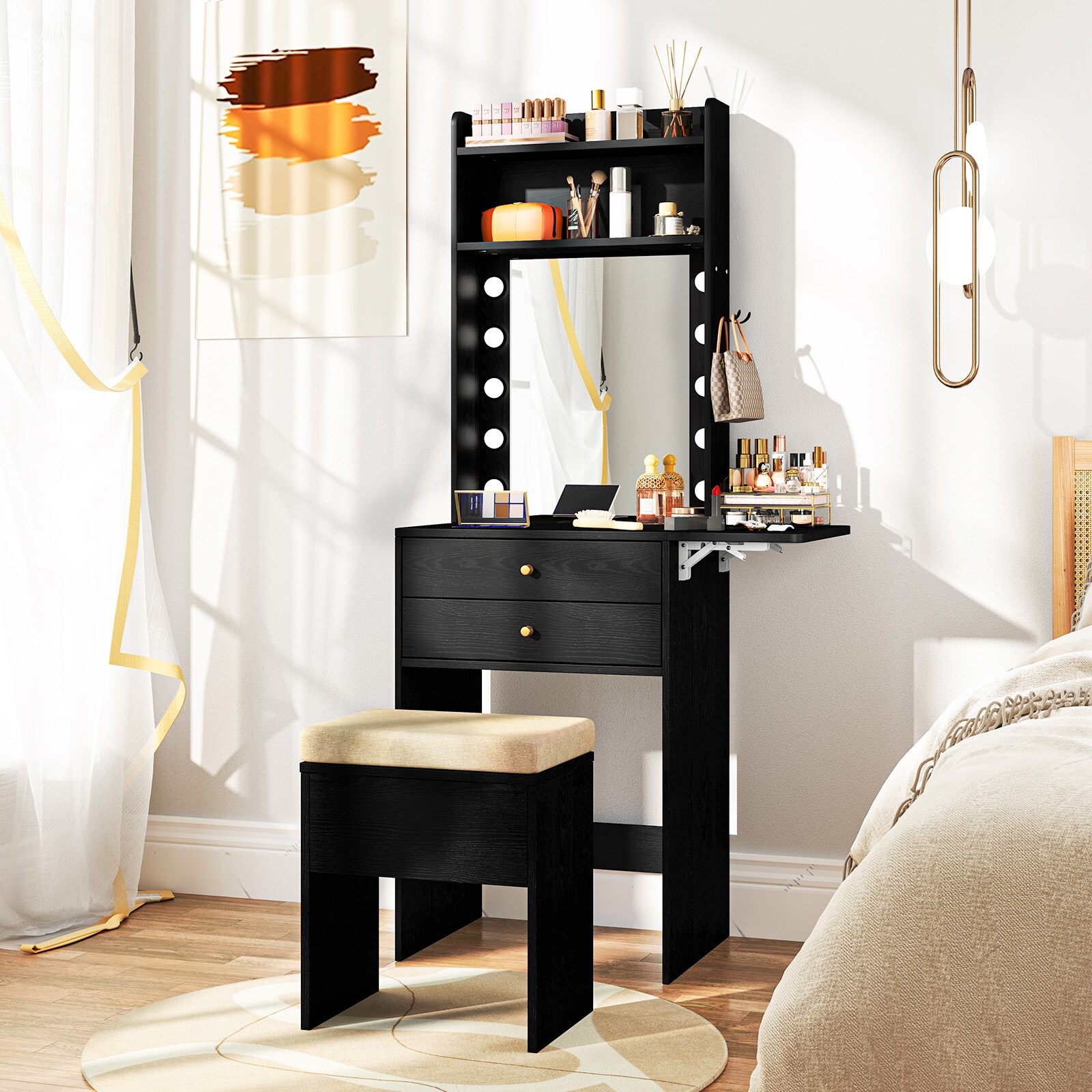 SUGIFT Compact Vanity Desk Set with 3-Color Lighted Mirror 2 AC Outlets ...