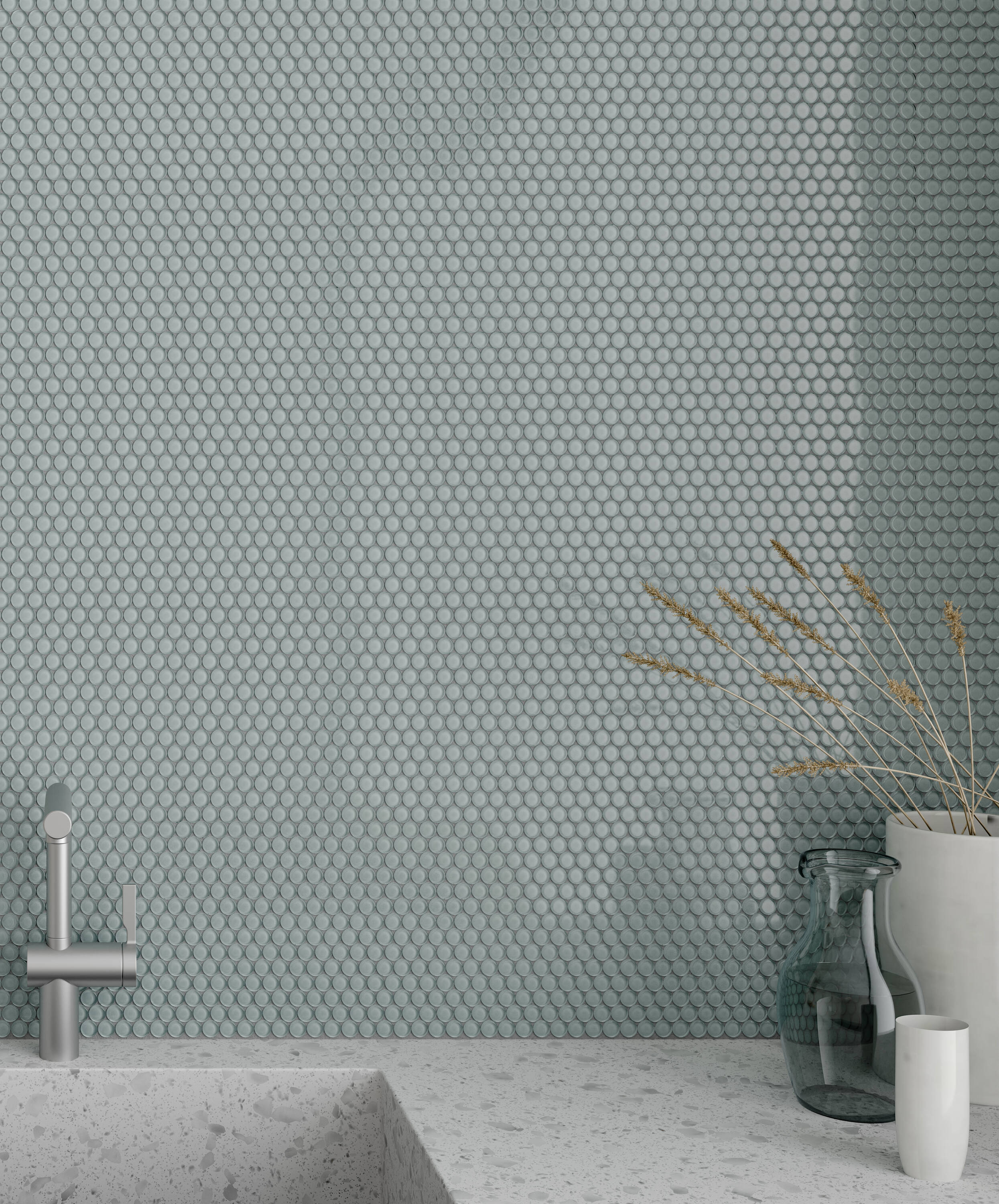 Anatolia Mist 12-in x 12-in Glossy Glass Penny Round Subway Wall Tile ...