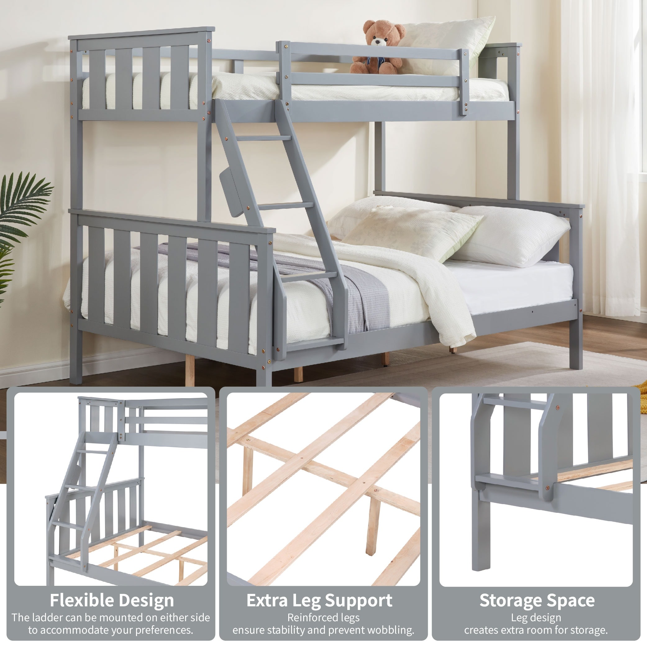 Tatayosi Twin over Full Bunk Bed with Flexible Ladder;Kids Solid Wood ...