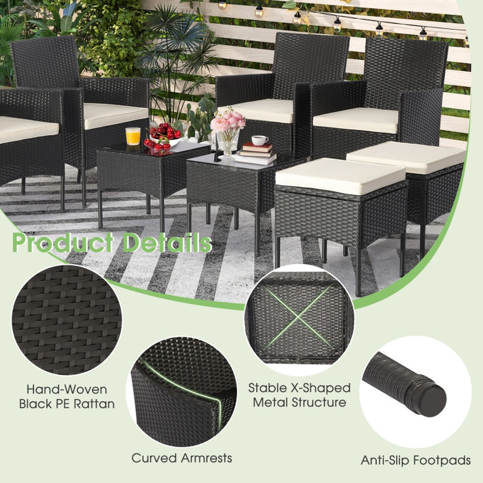 SUGIFT Black Wicker 8-pc Outdoor Chat Arrangement with Quad Bow-Back ...