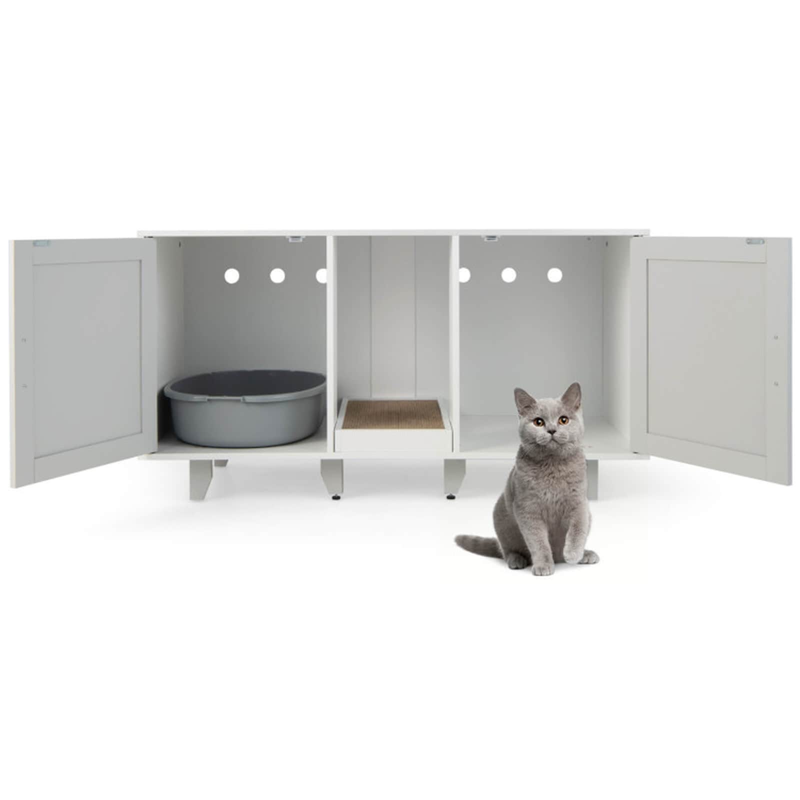 SUGIFT Cat Litter Box Enclosure 2-Door Hidden Furniture 47.5-in with ...