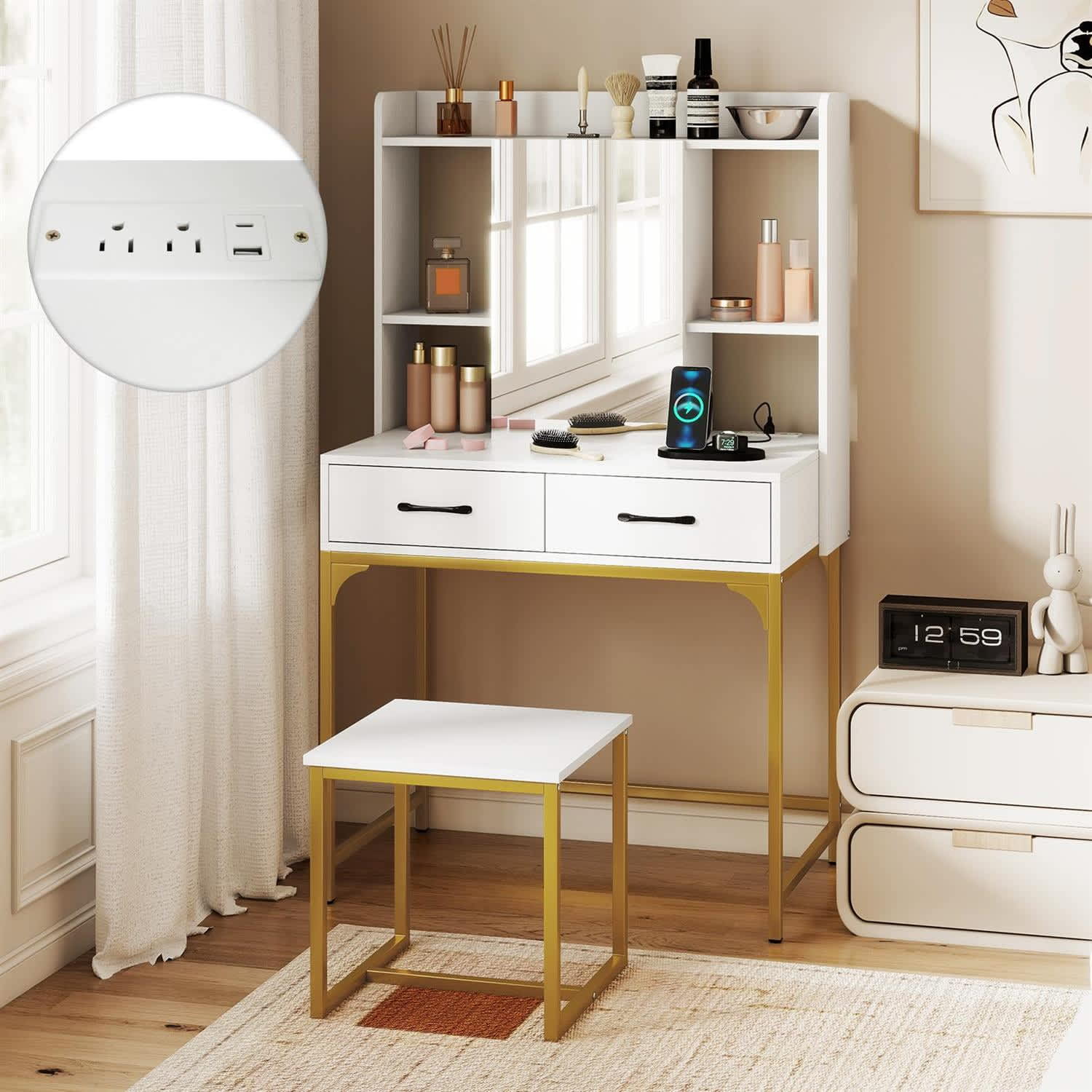 VERYKE Vanity Desk with Hidden Mirror Built-In Charging Station 5 ...