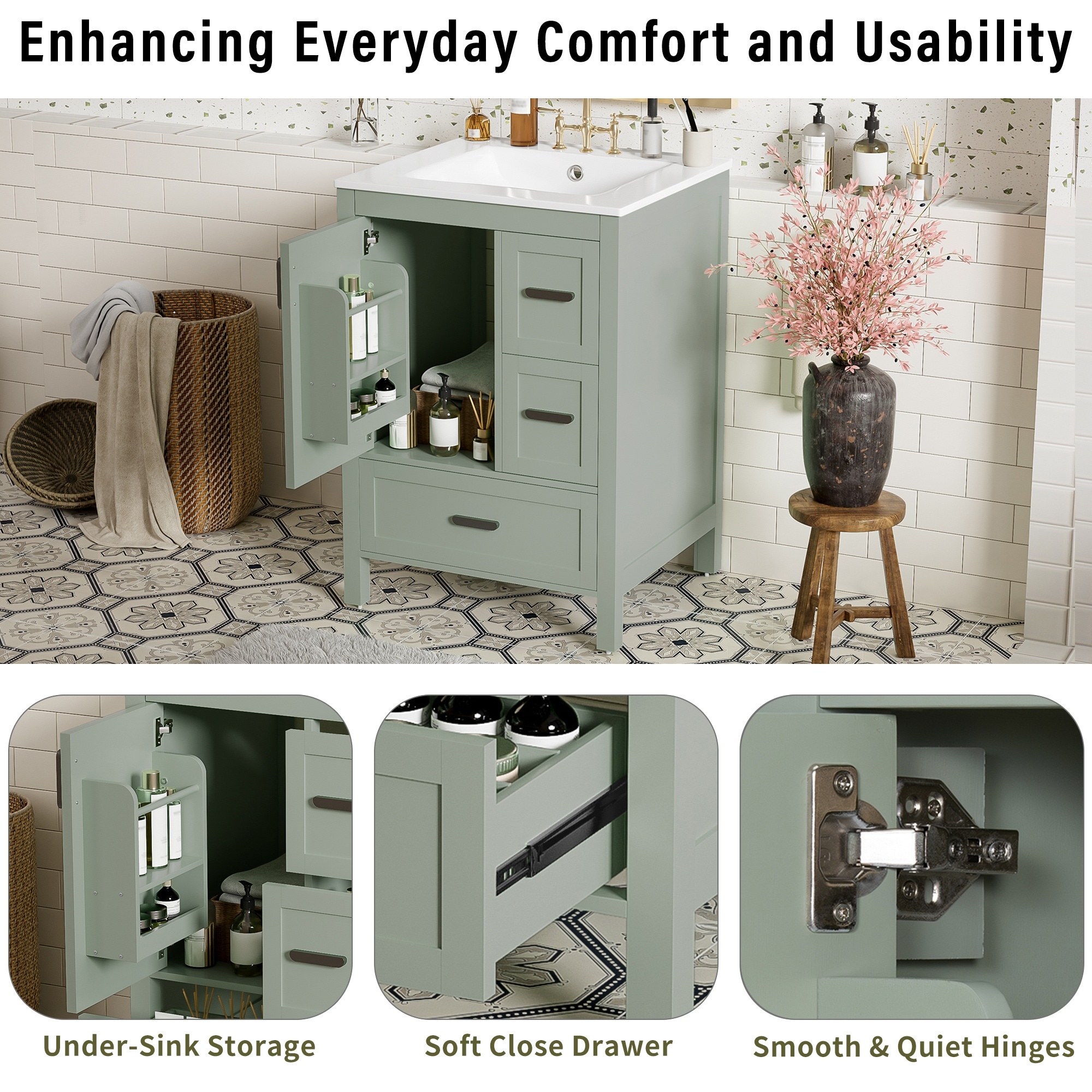 Homy Casa Sage Green 24 Inch Bathroom Vanity Cabinet with Sink Solid ...