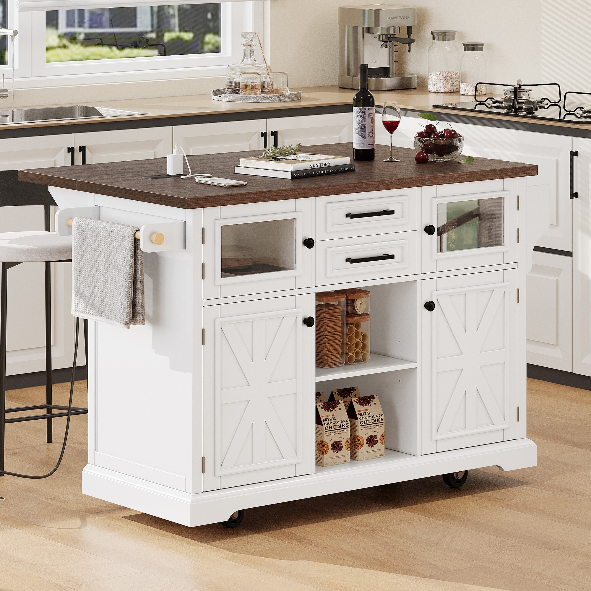 GDFStudio 54.9 Inch Kitchen Island with Drop Leaf Power Outlet Kitchen ...