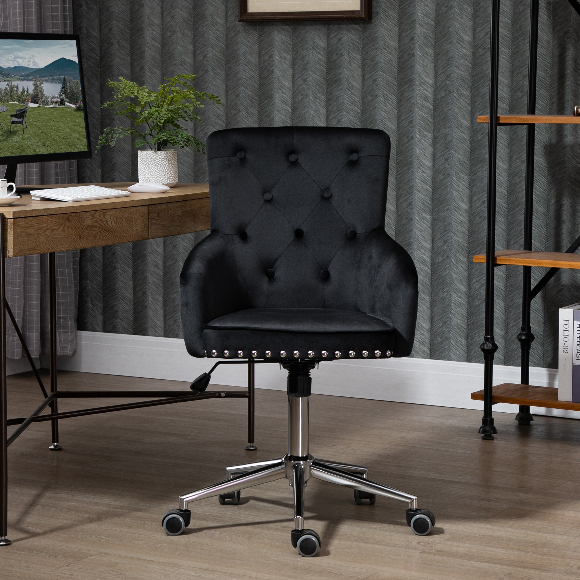 HomCom Modern Mid back Desk Chair with Button Tufted Velvet Back ...