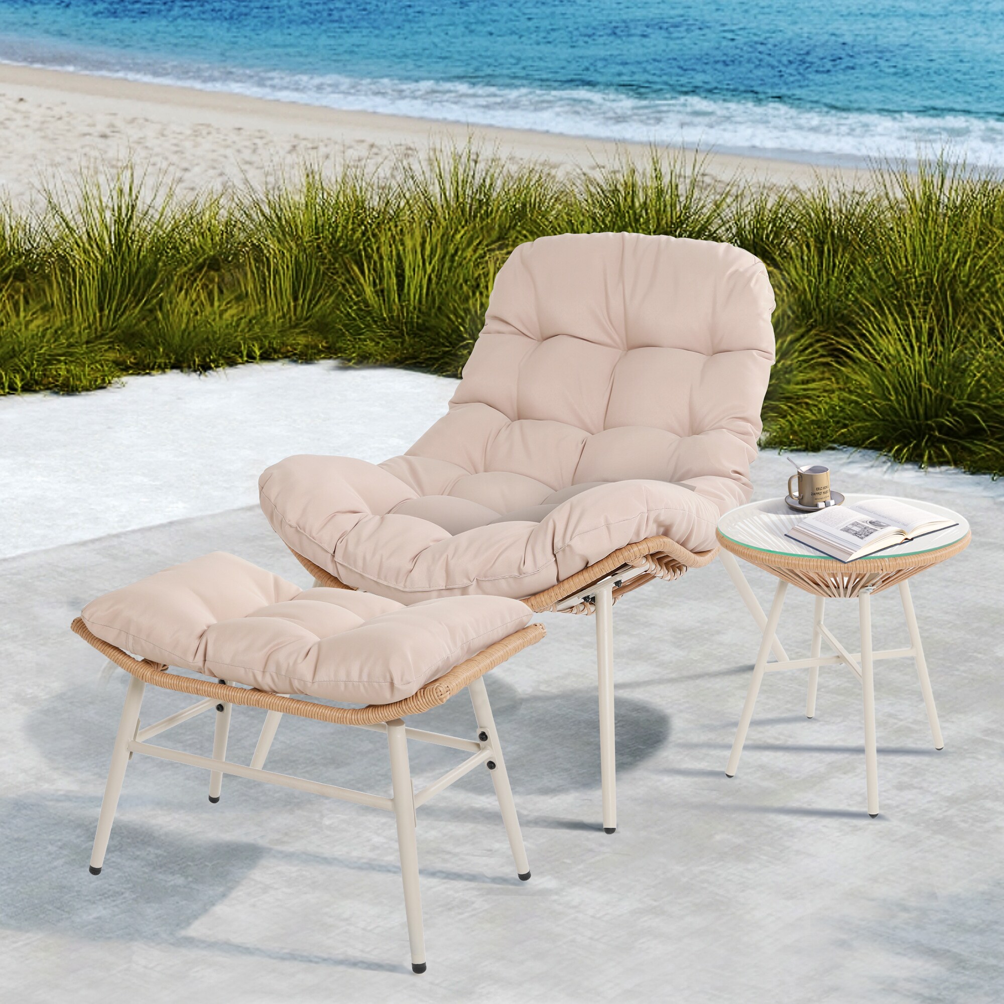Patio Watcher Recliner Chair Wicker Beige Stainless Steel Frame ...