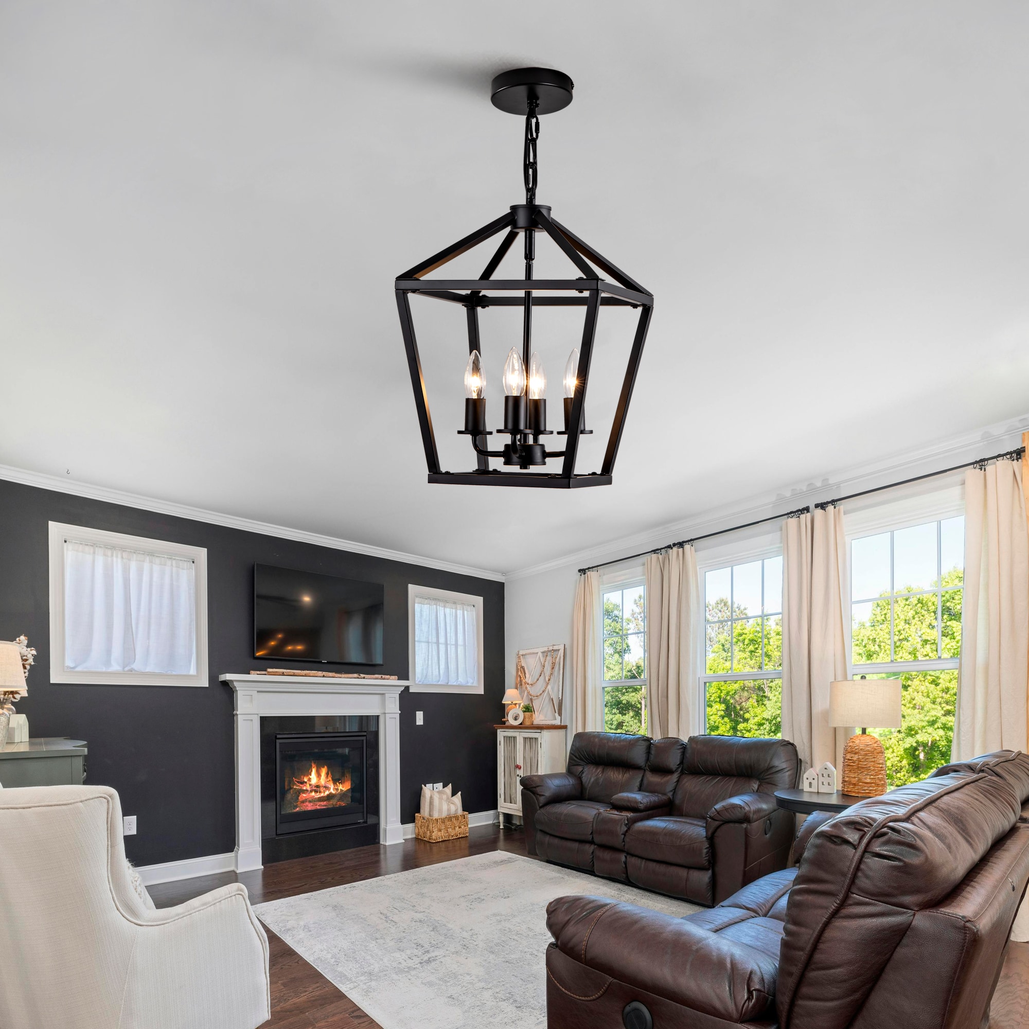 LUXEYARD Farmhouse Lantern Chandelier 4Light Industrial Black Ceiling ...