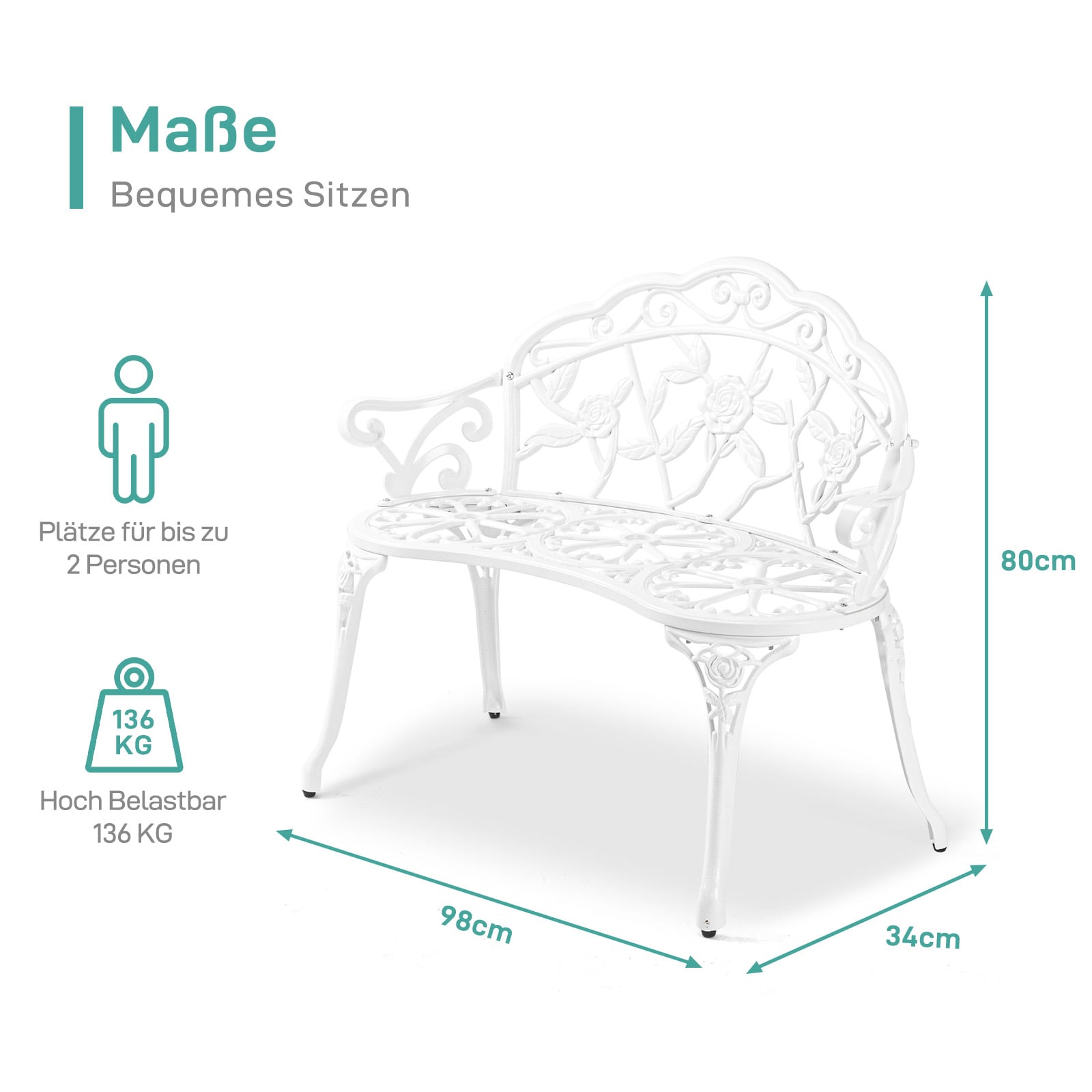 VINGLI 38.5W x 31H White Anti-Rust 2-seater Patio Metal Rose Bench in ...
