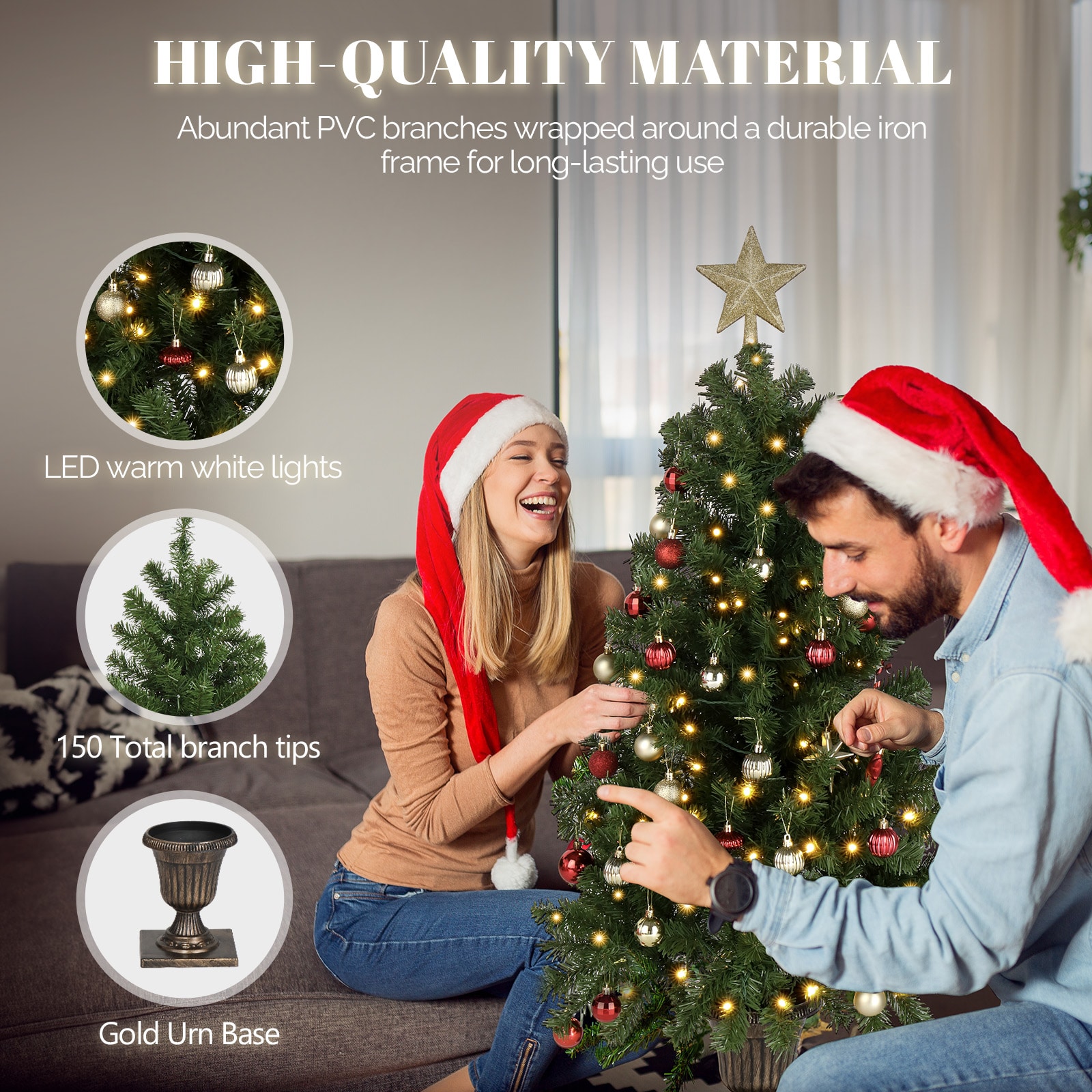 VINGLI 4ft Pre Lit Artificial Christmas Pine Tree with 211 Branch Tips ...