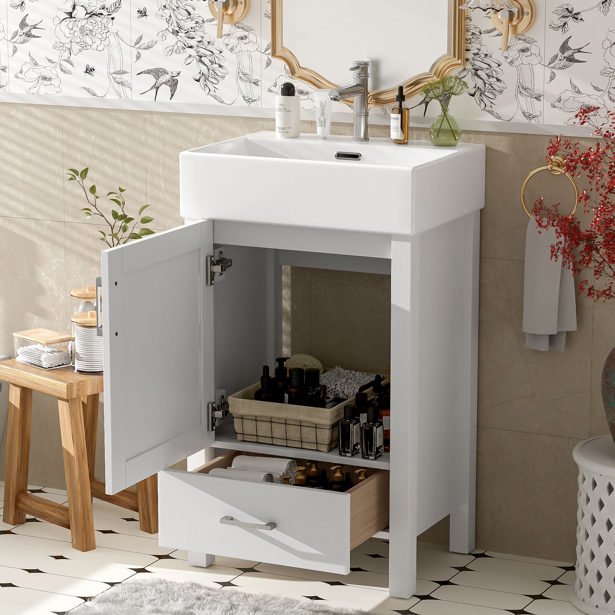 LOVMOR 20.28inch White Modern Bathroom Vanity with Ceramic Sink Solid ...