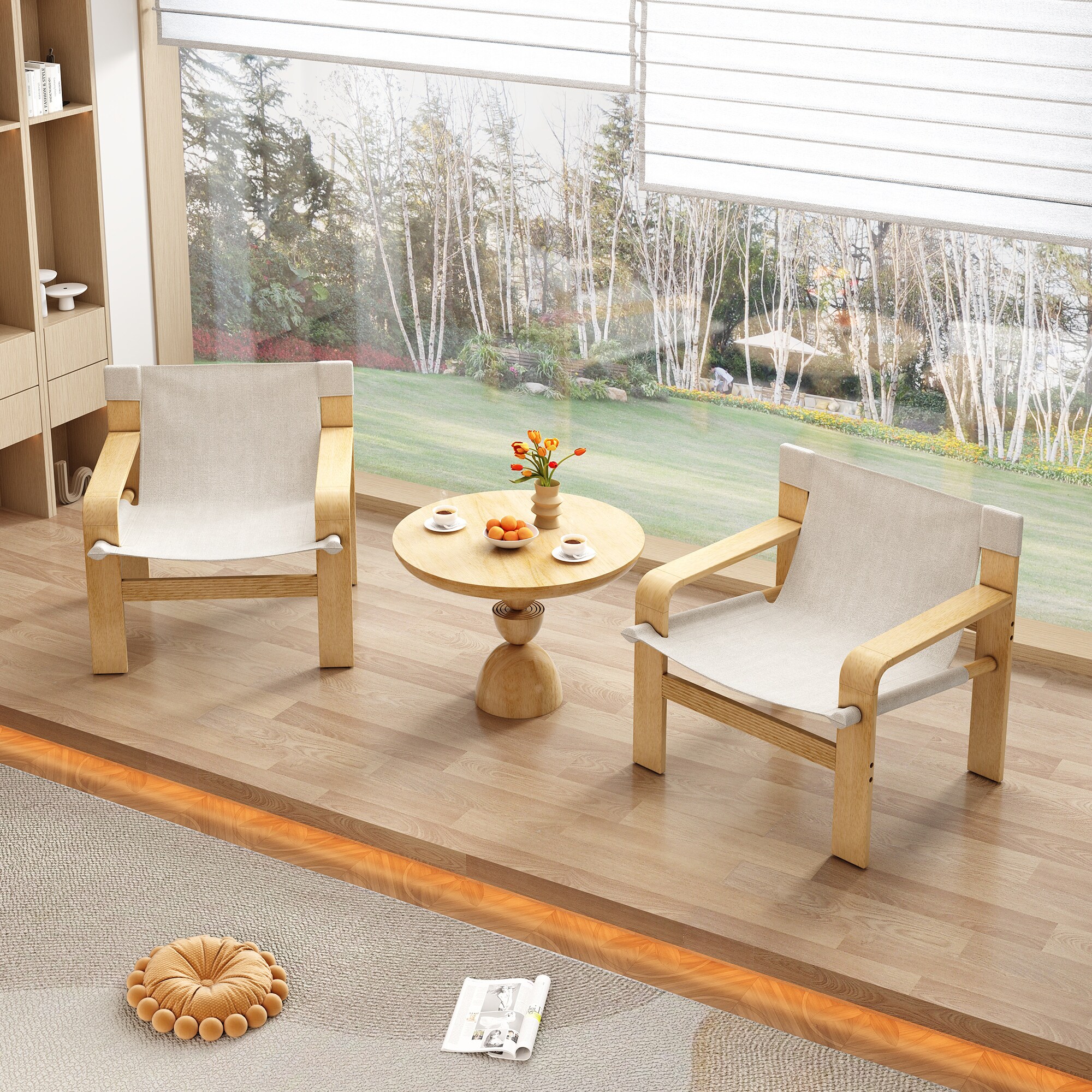 GDFStudio Mid Century Oak Accent Chair with Linen Upholstery and Wide ...
