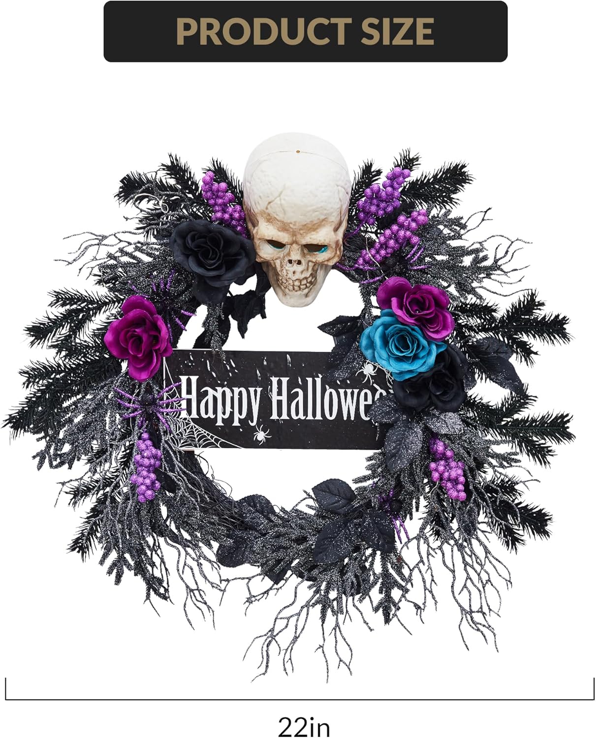 Garvee 22-in Blue Purple Black Halloween Wreath with LED Lights Flowers ...