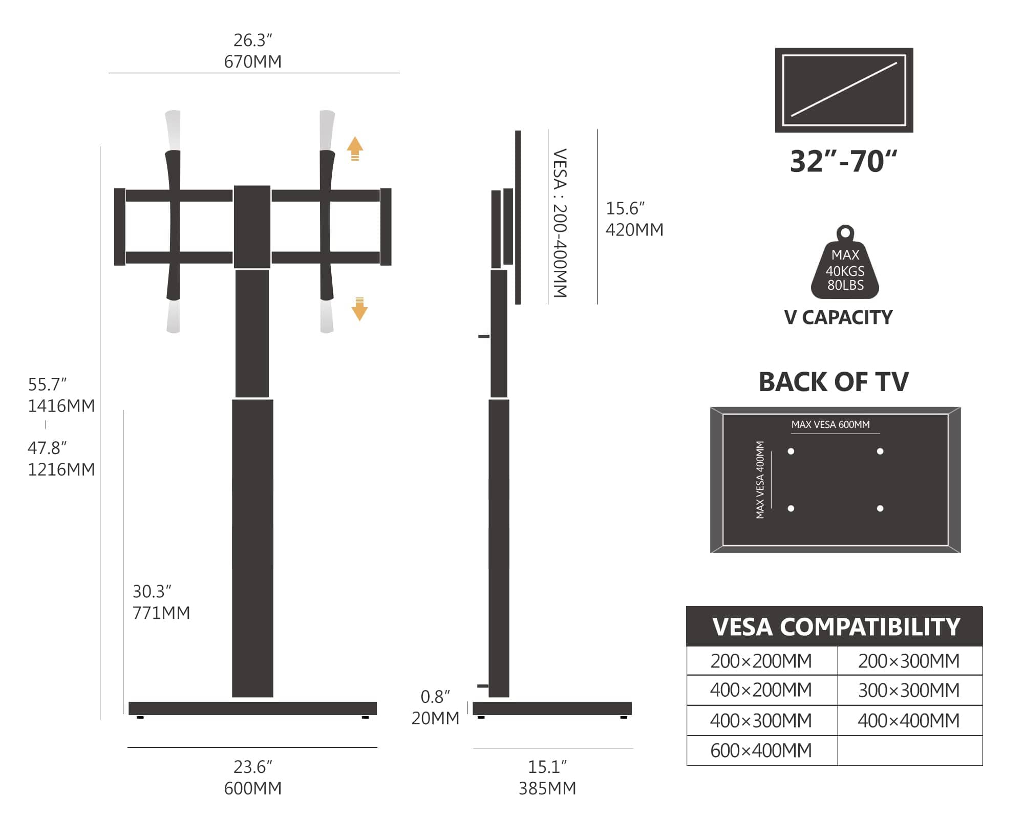 Etokfoks Swivel Floor TV Stand for 32 to 70 Inch TVs Universal Tall TV ...