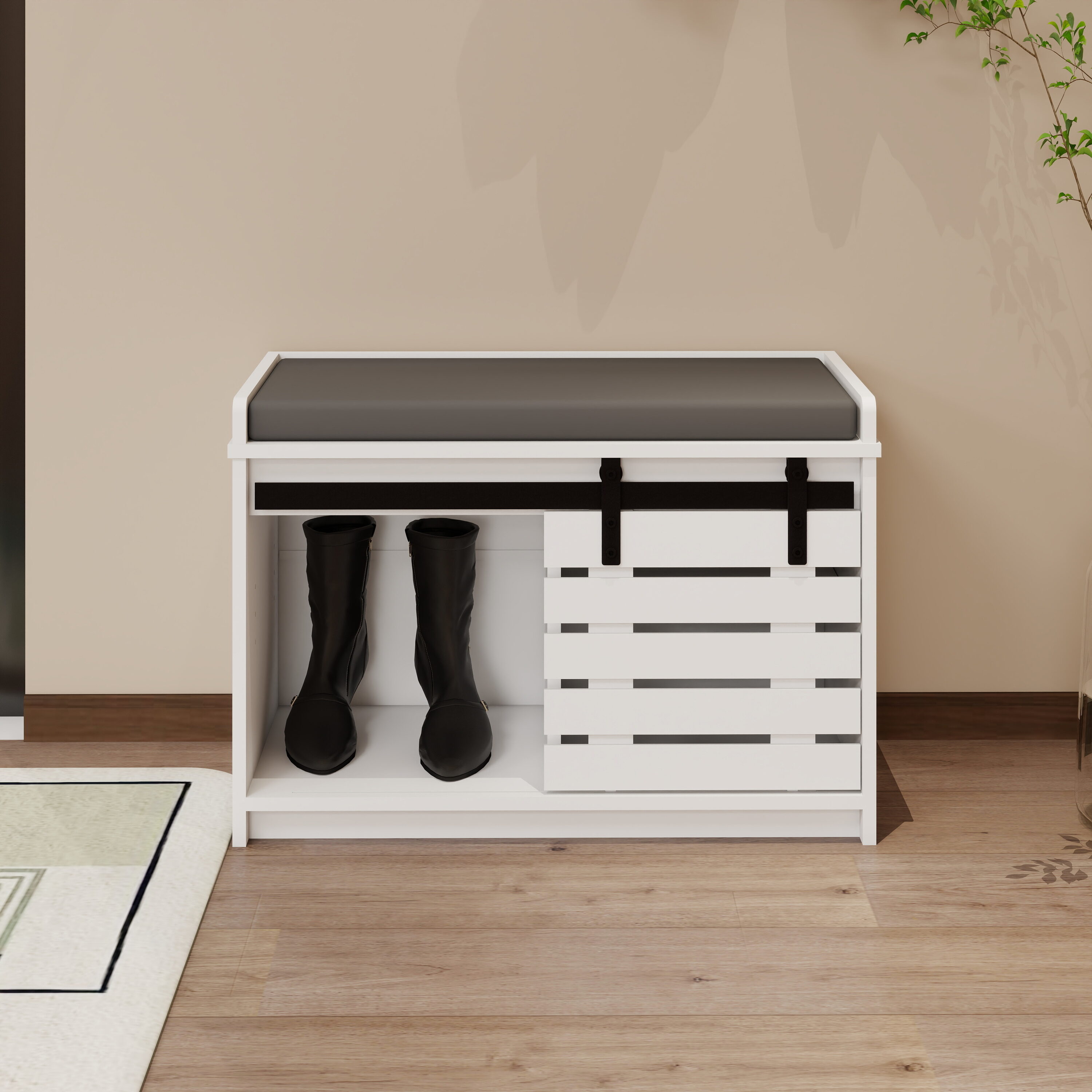 LOVMOR Modern Shoe Storage Bench 2 Tier Entryway Sliding Barn Door 2 ...