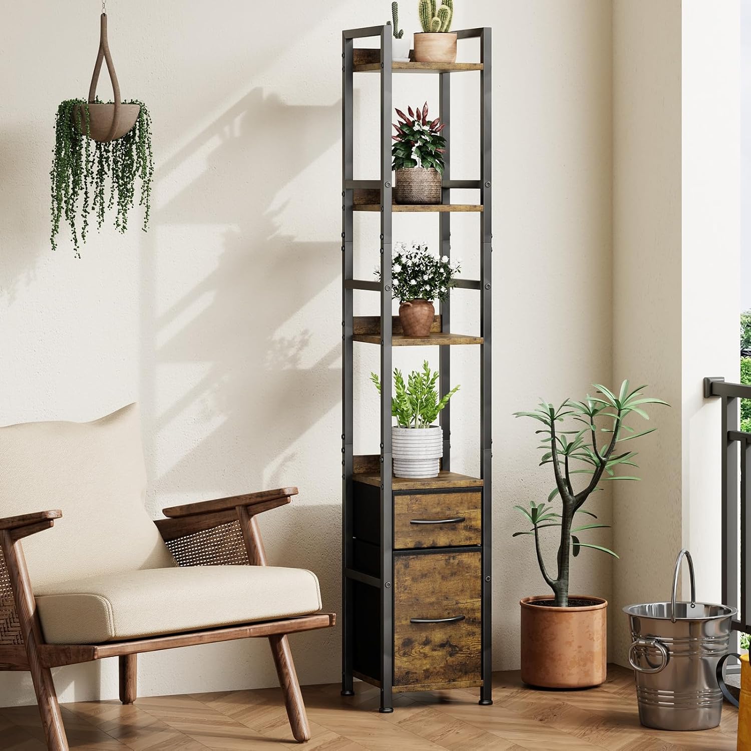 IdealHouse 6 Tier Bookshelf 59in Tall Narrow Bookcase with 2 Storage ...