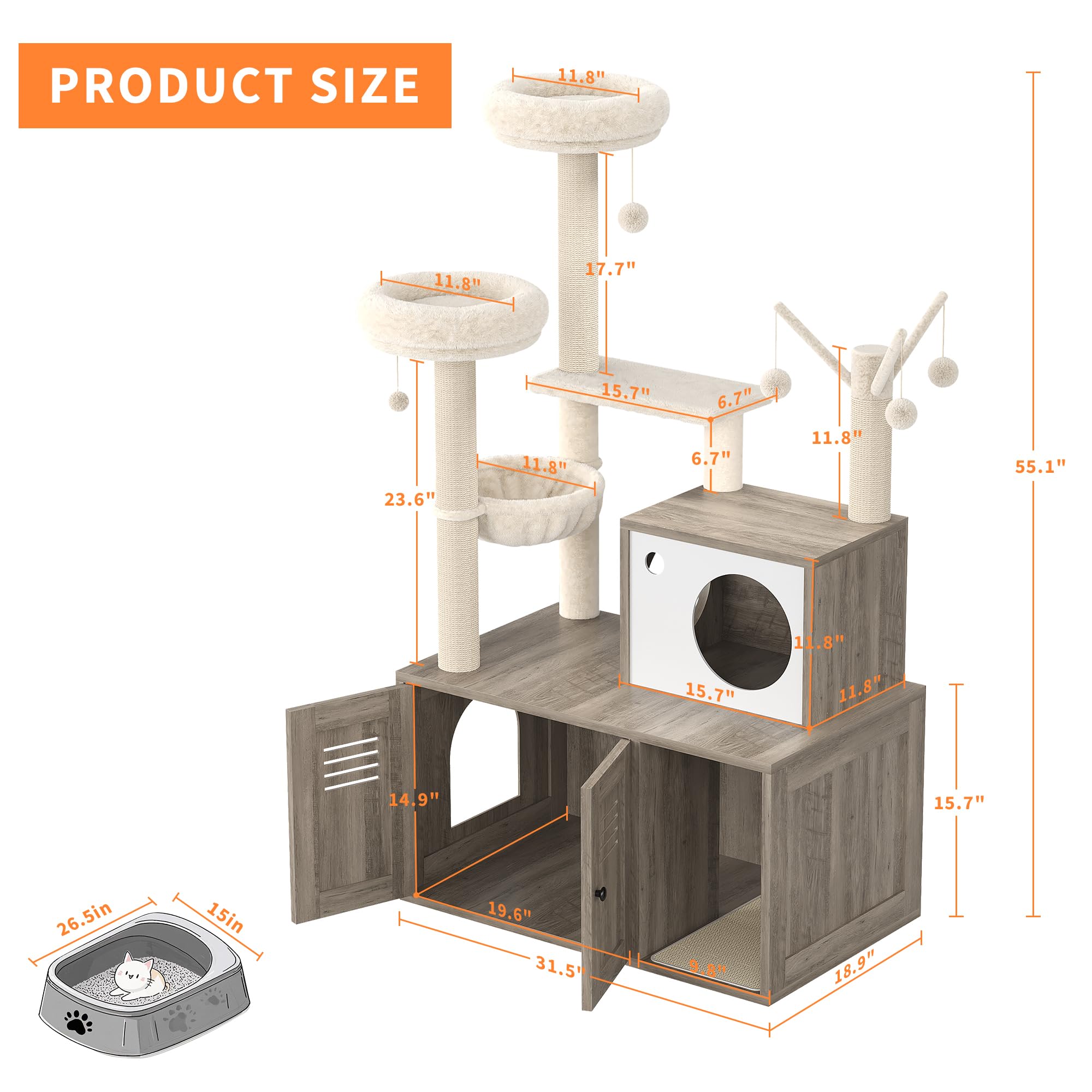 Garvee Multi-Level Cat Tree w/Hidden Litter Box - 3-in-1 Tower w/Condo ...