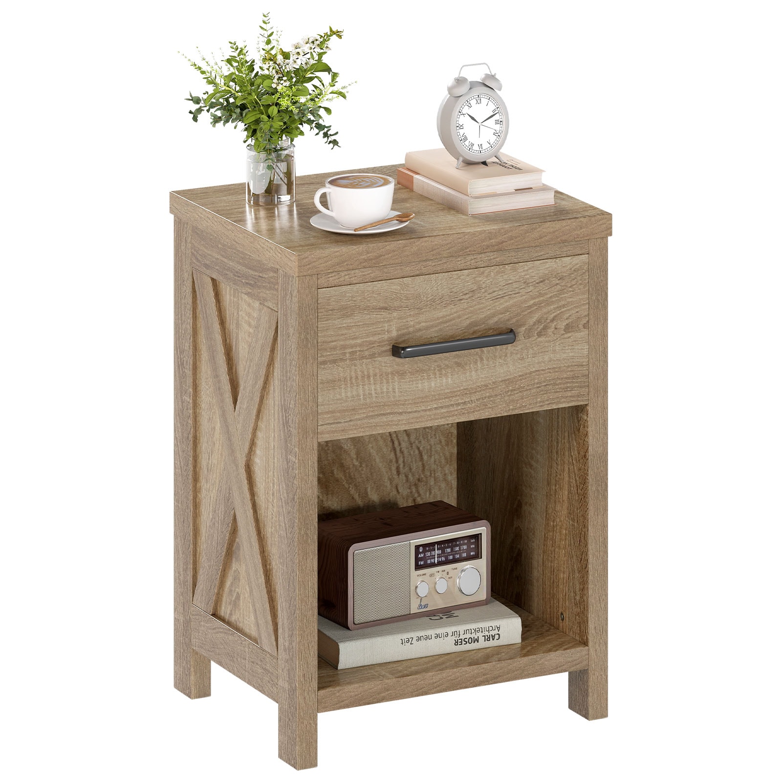Volenca Farmhouse Sofa Side Table Nightstand with Drawer Open Shelf and ...