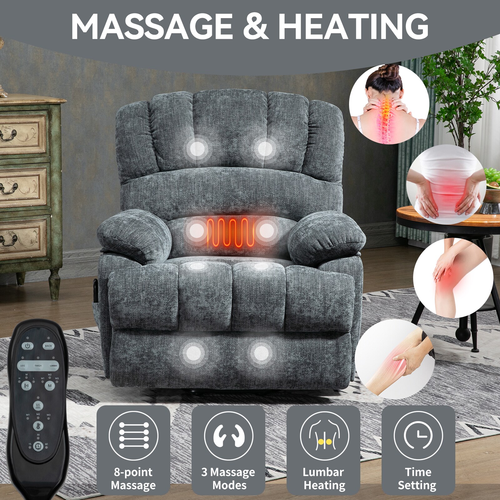 Homy Casa Nova Recliner Chair Gray Chenille Power Lift with 8-Point ...