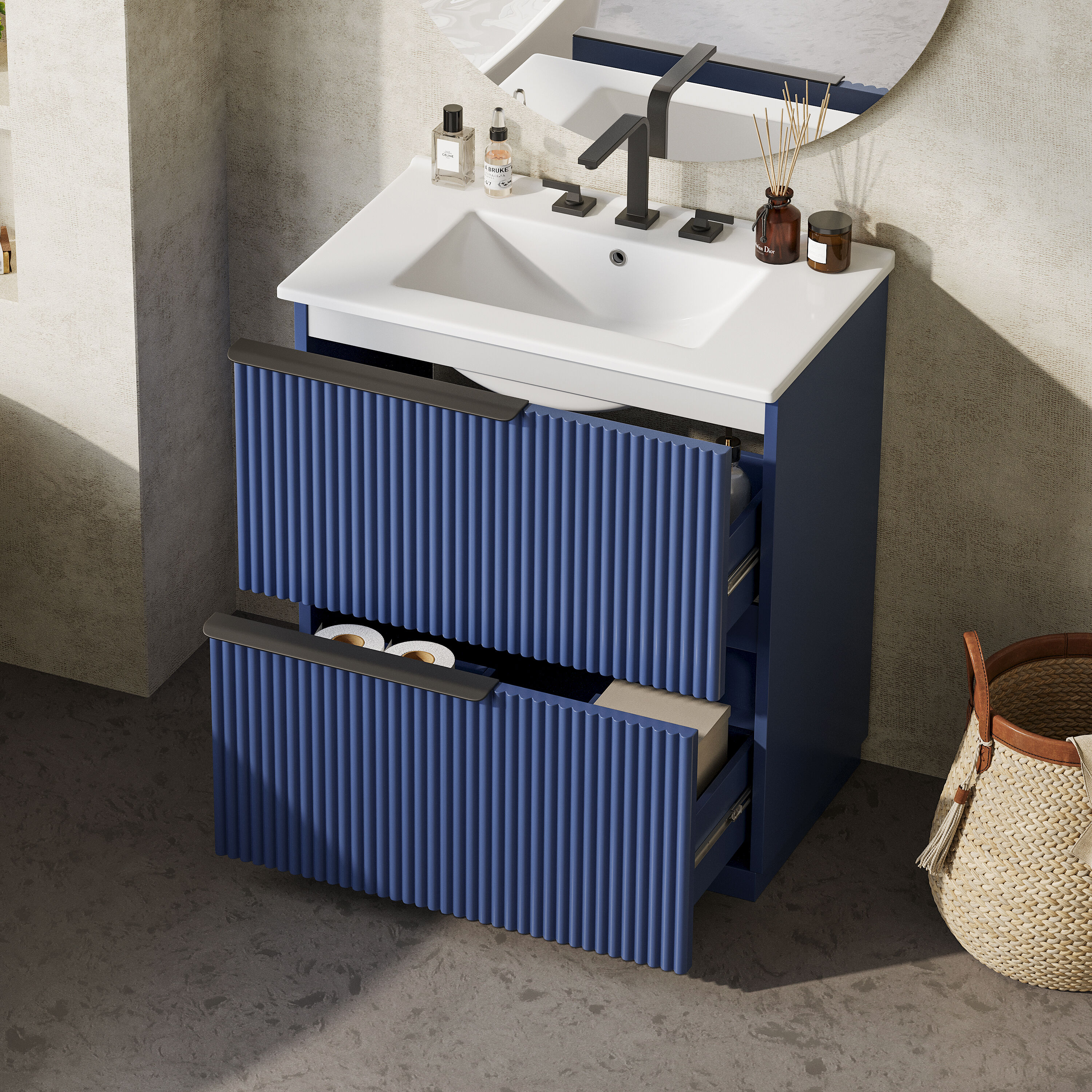 Afoxsos 30 inch Bathroom Vanity Blue Fluted Design Ceramic Sink 30x18 ...