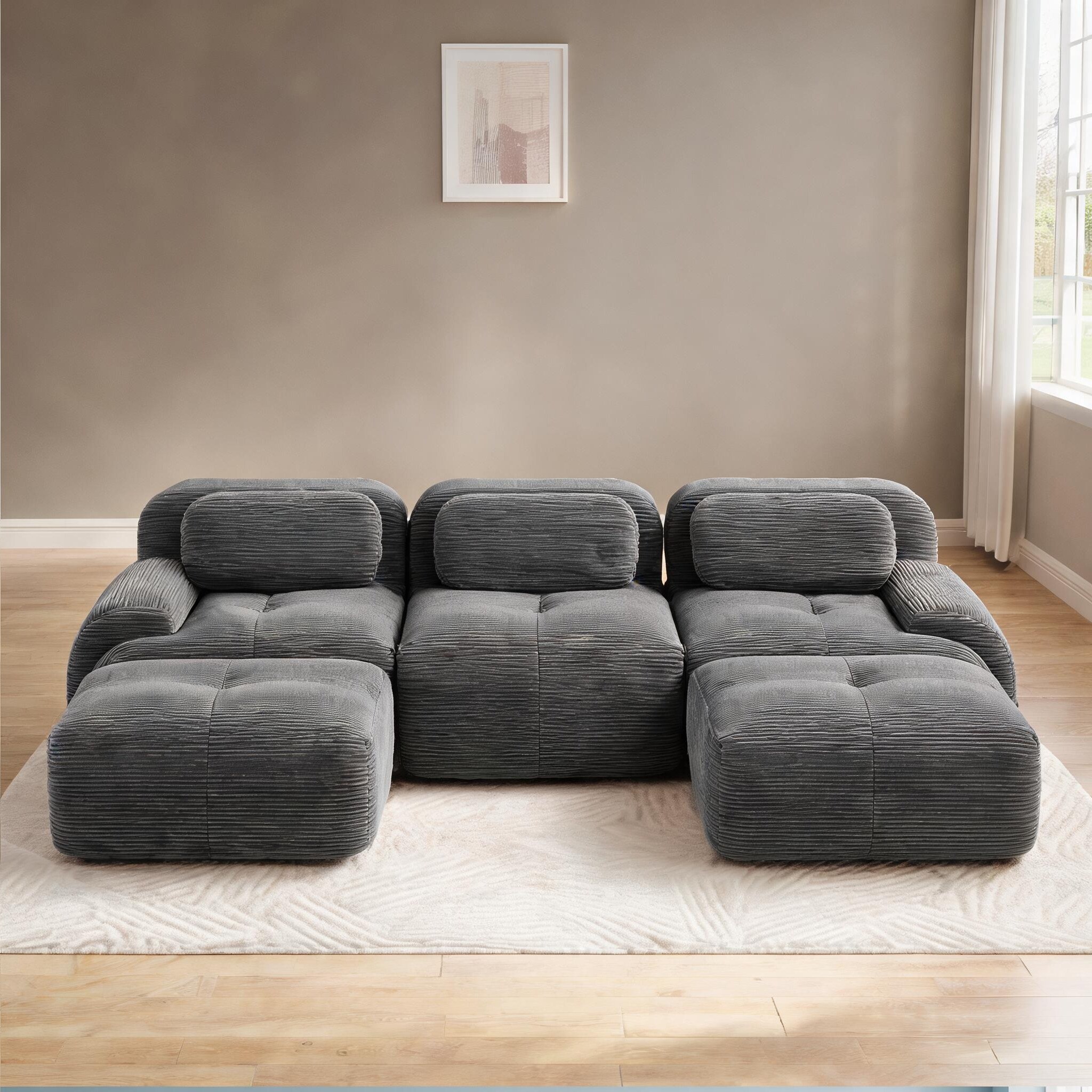 Naturefalls Soft gray corduroy U-shaped modular sofa with curved ...