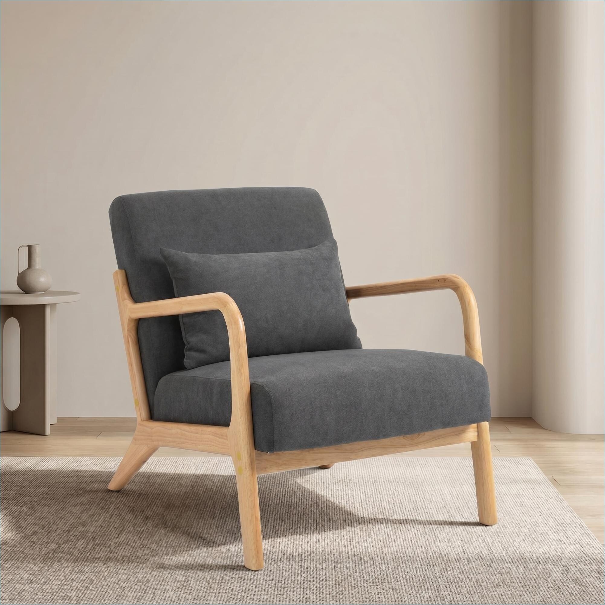 Watnature Cotton Linen Upholstered Soft Gray Mid-Century Accent Chair ...