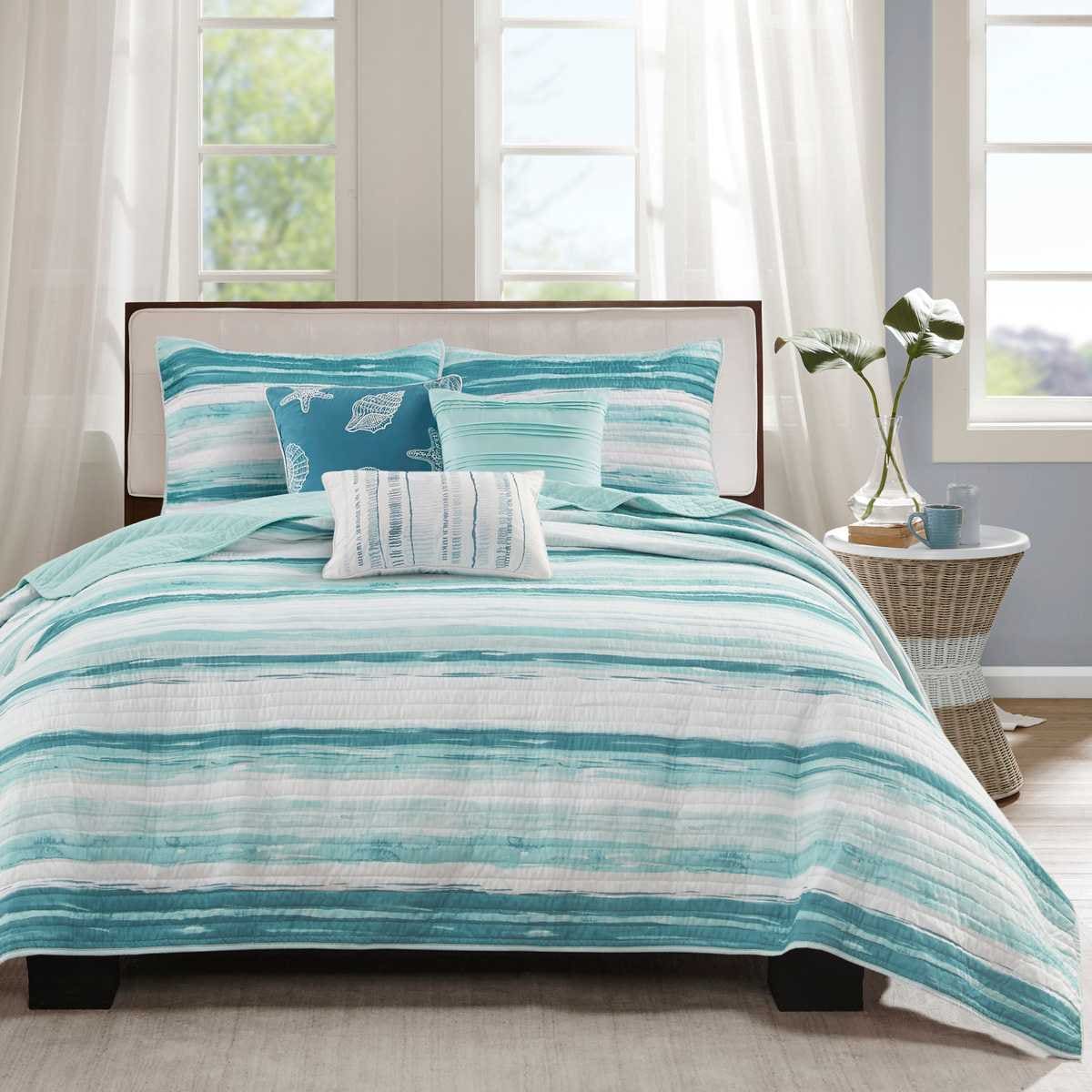 Vynxaria Green Modern Coastal Watercolor Stripe King Cal King 6 Piece ...