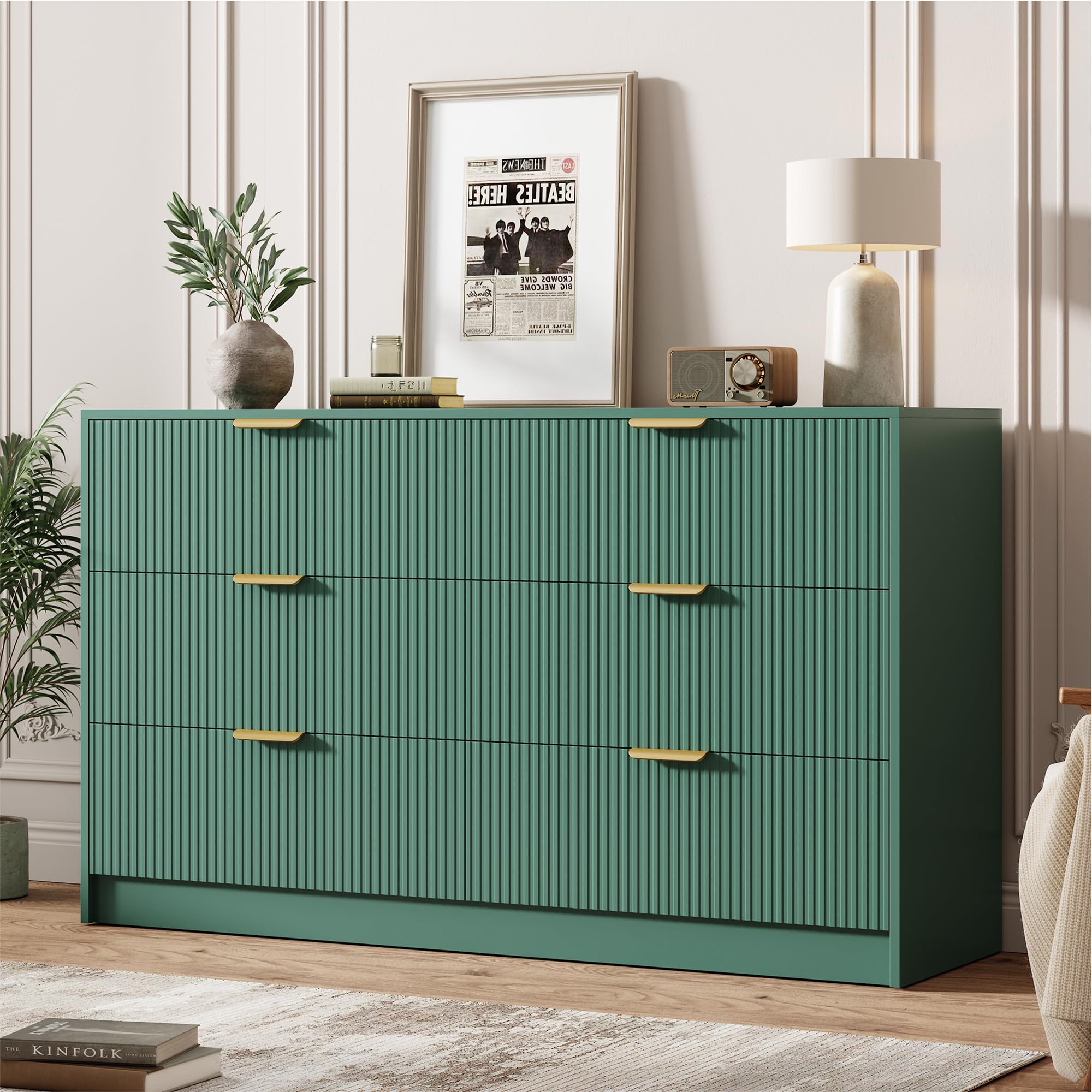 IdealHouse 6 Drawer Dresser for Bedroom - 54 Inch Wide Modern Fluted ...