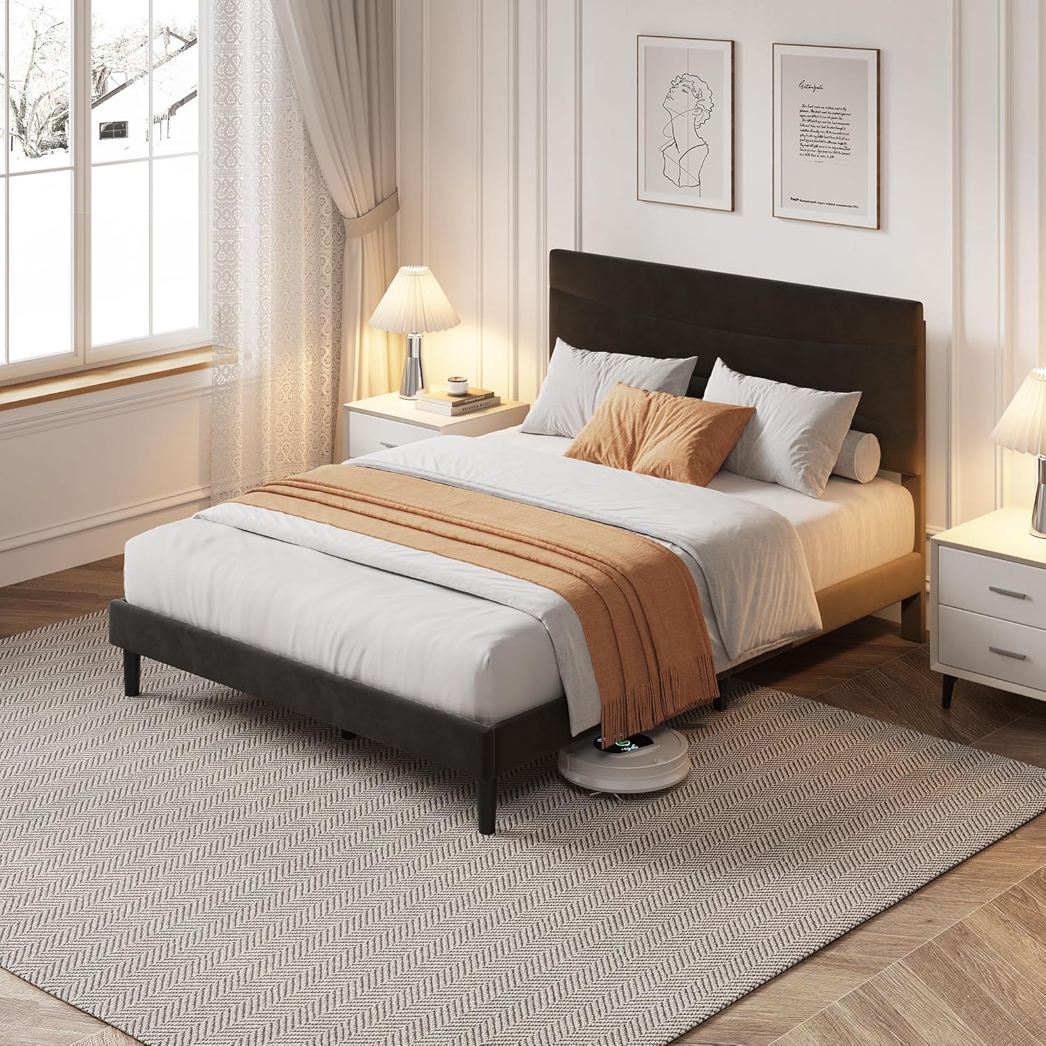 Garvee Queen Size Velvet Upholstered Bed Frame with Headboard/ No Box ...