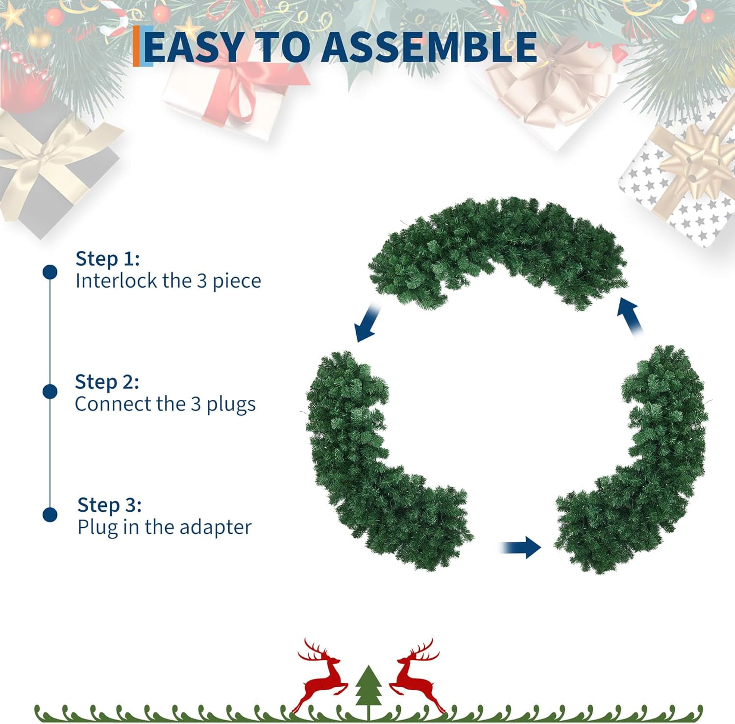 Garvee 48inch Pre-Lit Artificial Christmas Wreath - LED Lighted Holiday ...