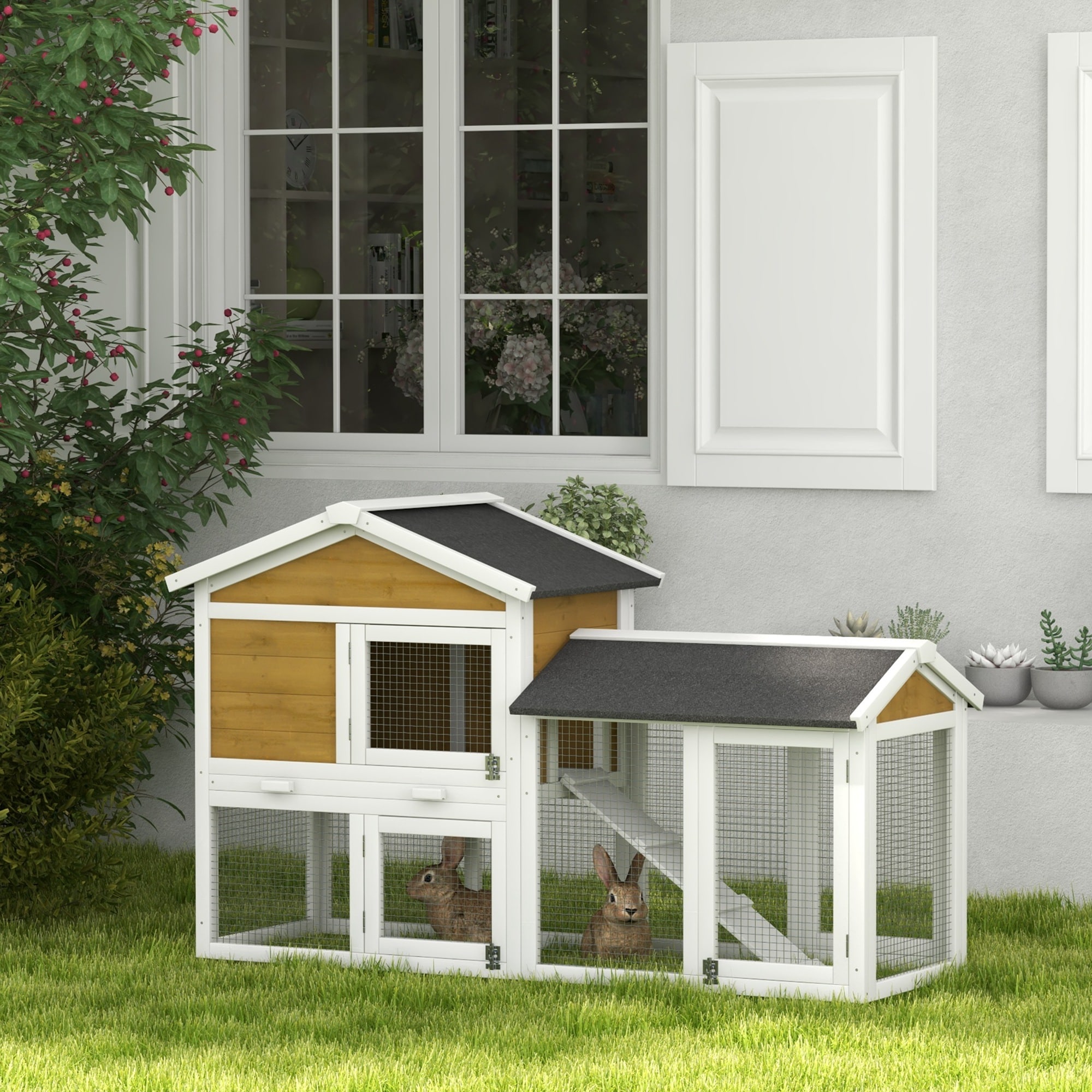 PawHut 58inch Large Rabbit Hutch Outdoor Indoor Wooden Bunny Hutch ...