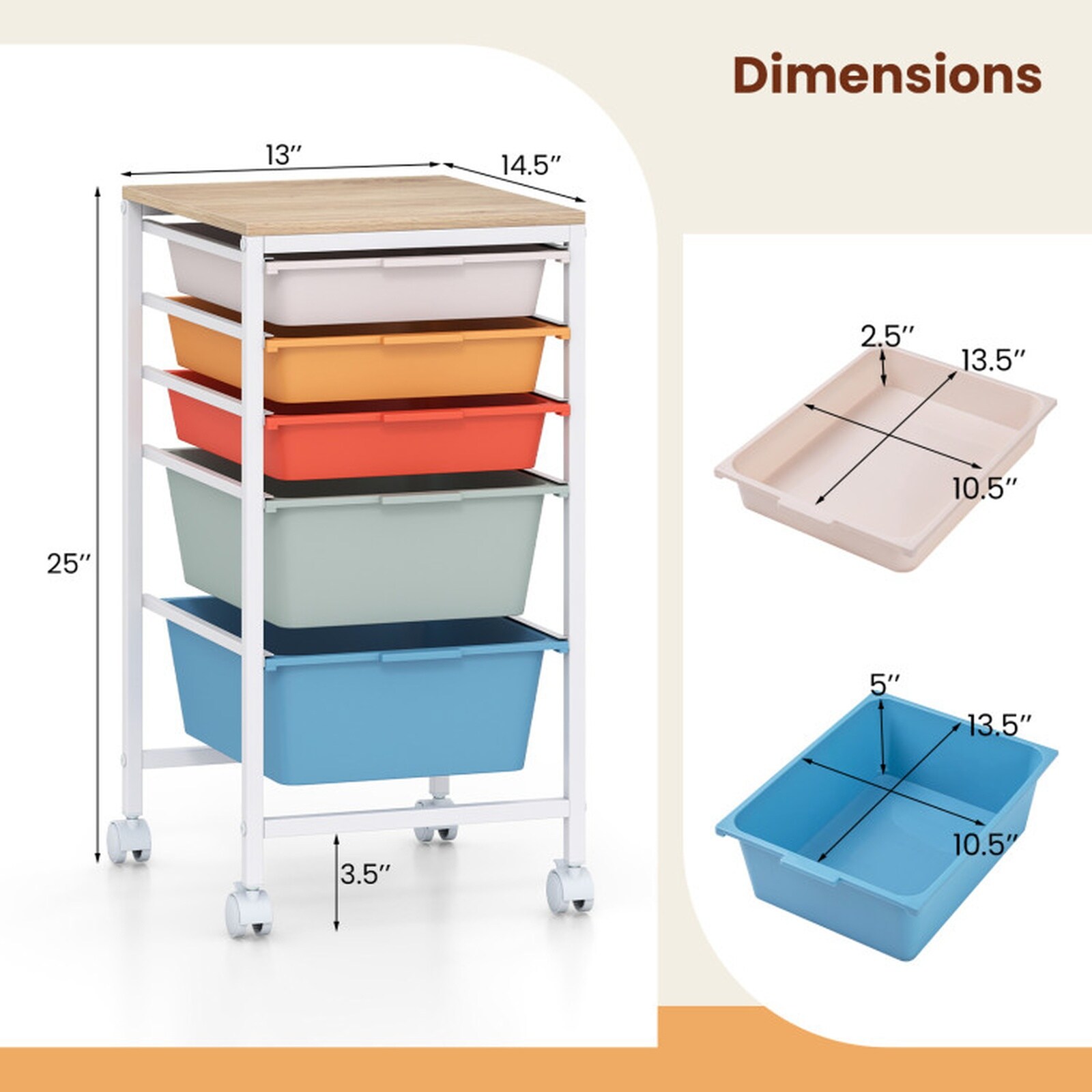 SUGIFT 5-Drawer Rolling Storage Cart With Wooden Tabletop Lockable ...
