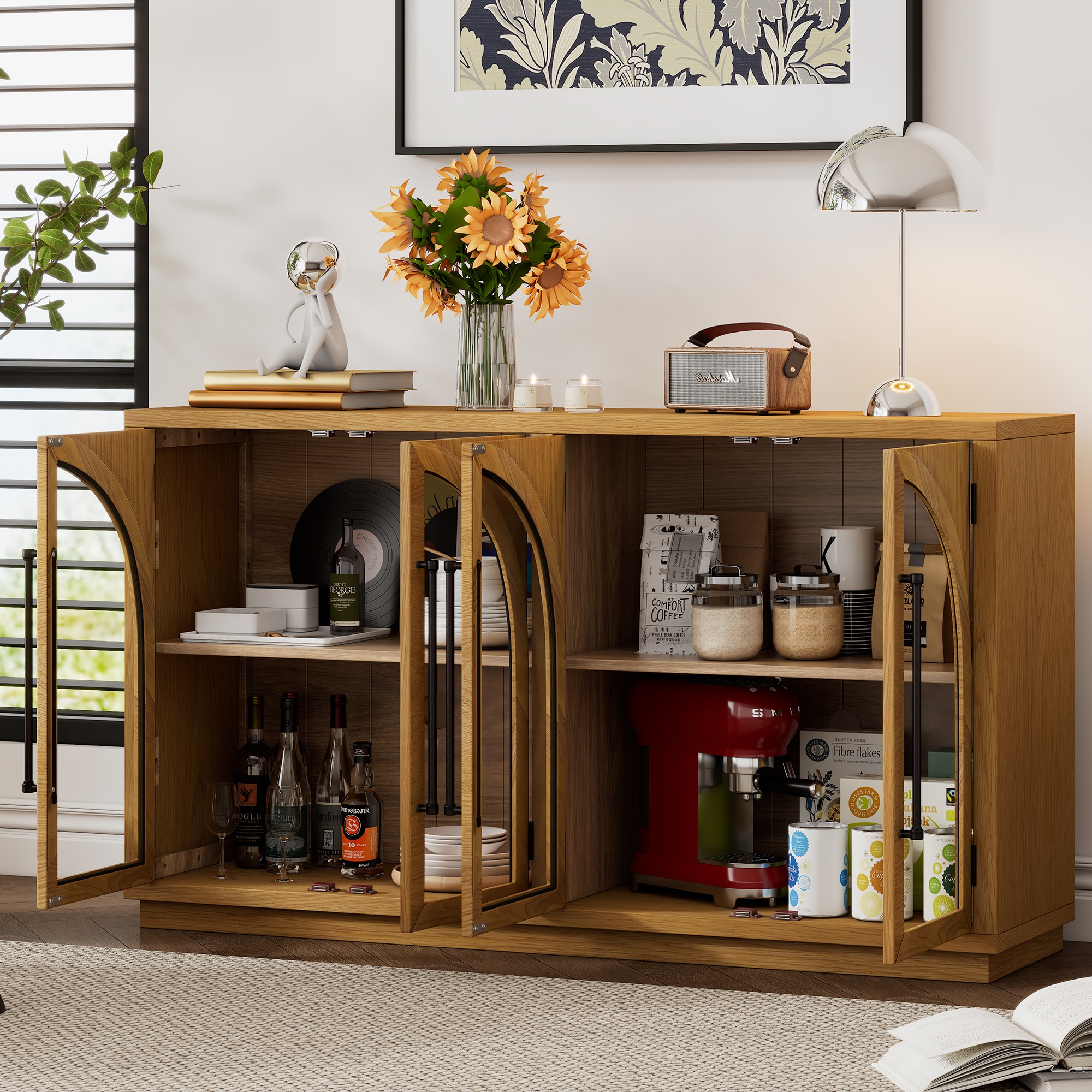JEAREY Natural Large Retro 4-Door Sideboard Buffet with Glass Doors and ...
