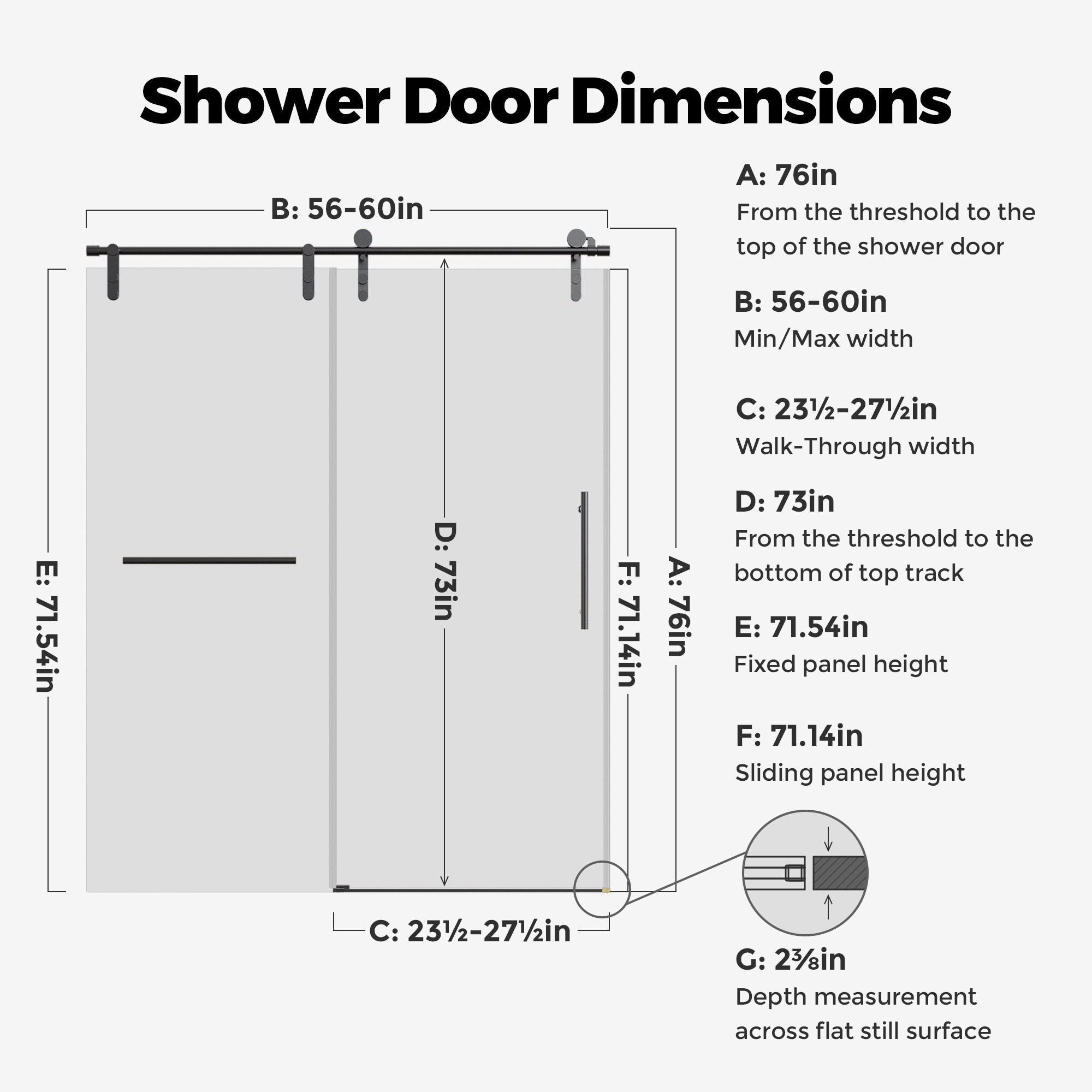 LIVACA 56 to 60 inch W x 76 inch H Matte Black Frameless Single Sliding ...