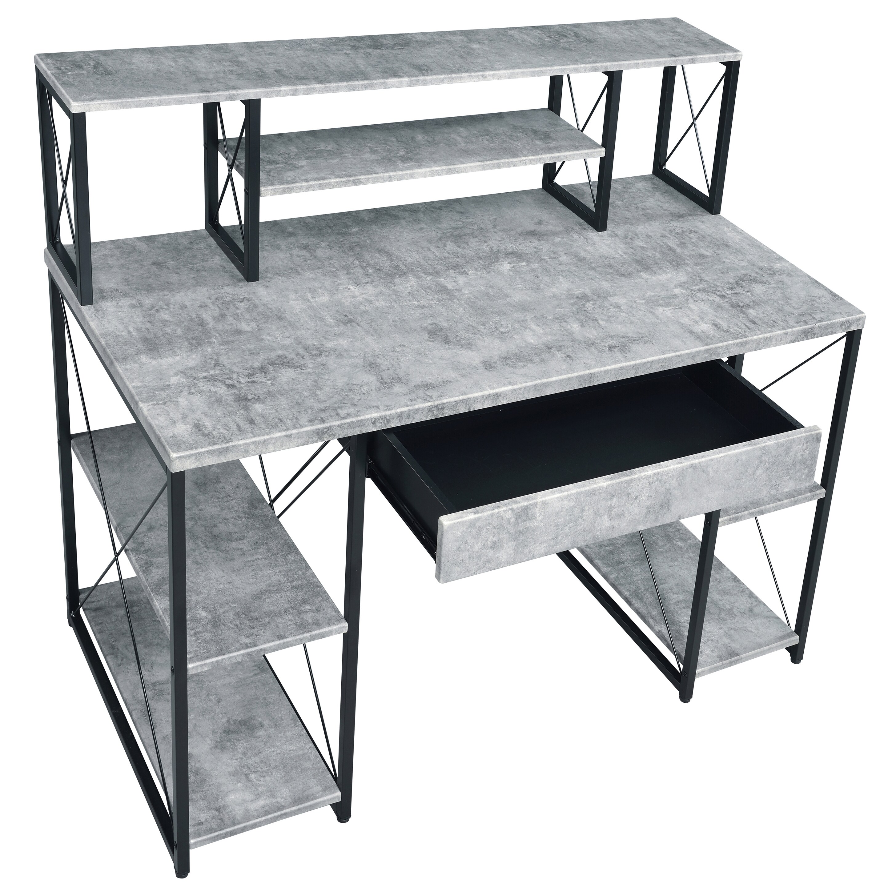 Blisstyle Grey and Black Office Desk with Open Shelves and Hutch Office ...